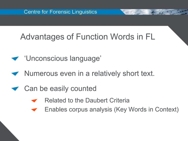 Authorship analysis using function words forensic linguistics | PPT