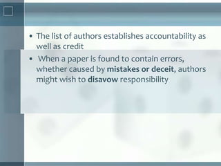 AUTHORSHIP AND THE ALLOCATION OF CREDIT ( Design of Research ) | PPTX