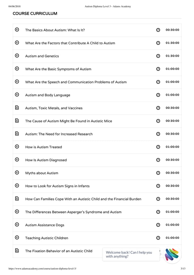 Autism Diploma Level 3 - Adams Academy | PDF