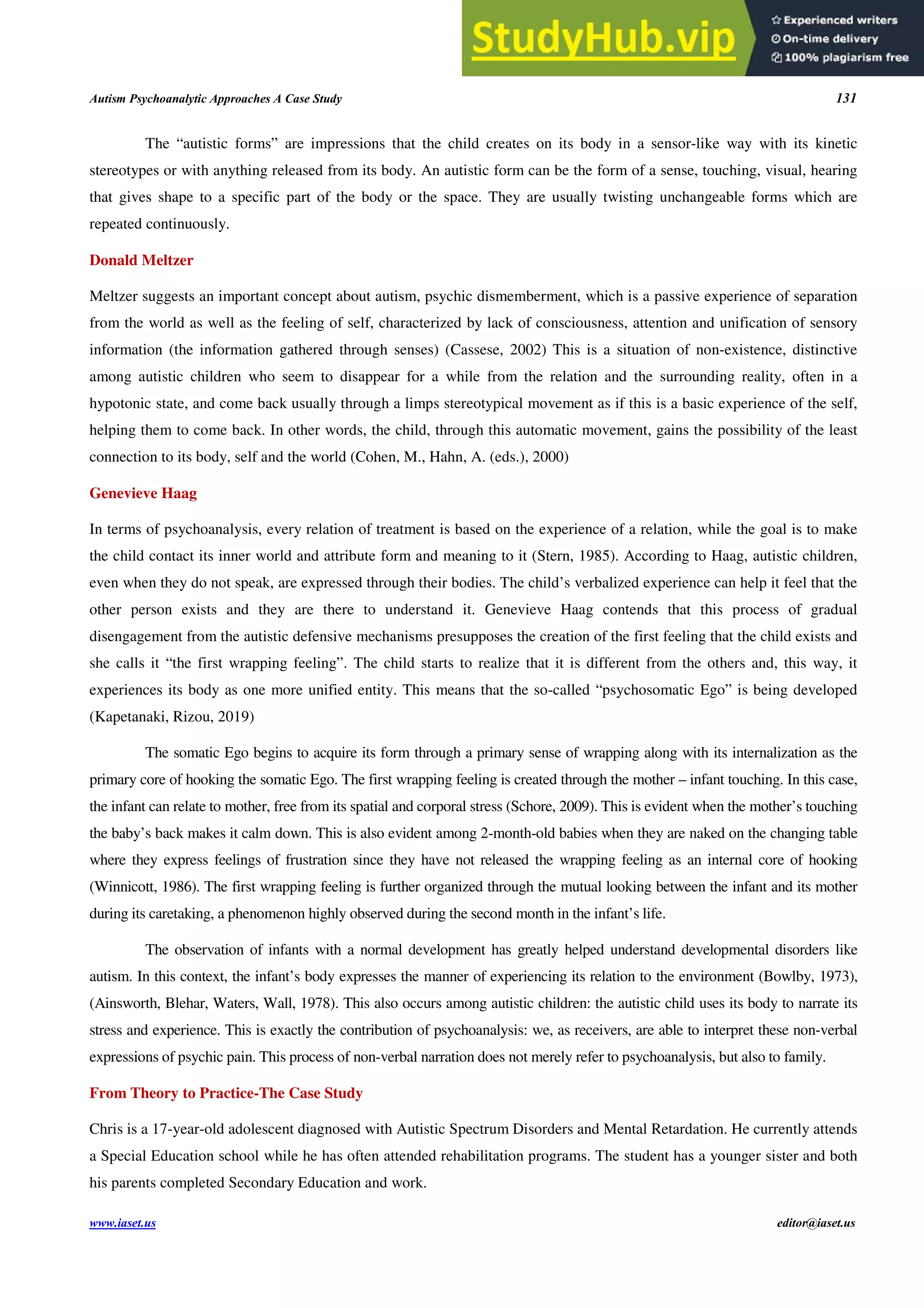 AUTISM PSYCHOANALYTIC APPROACHES A CASE STUDY | PDF