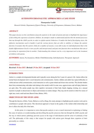 AUTISM PSYCHOANALYTIC APPROACHES A CASE STUDY | PDF