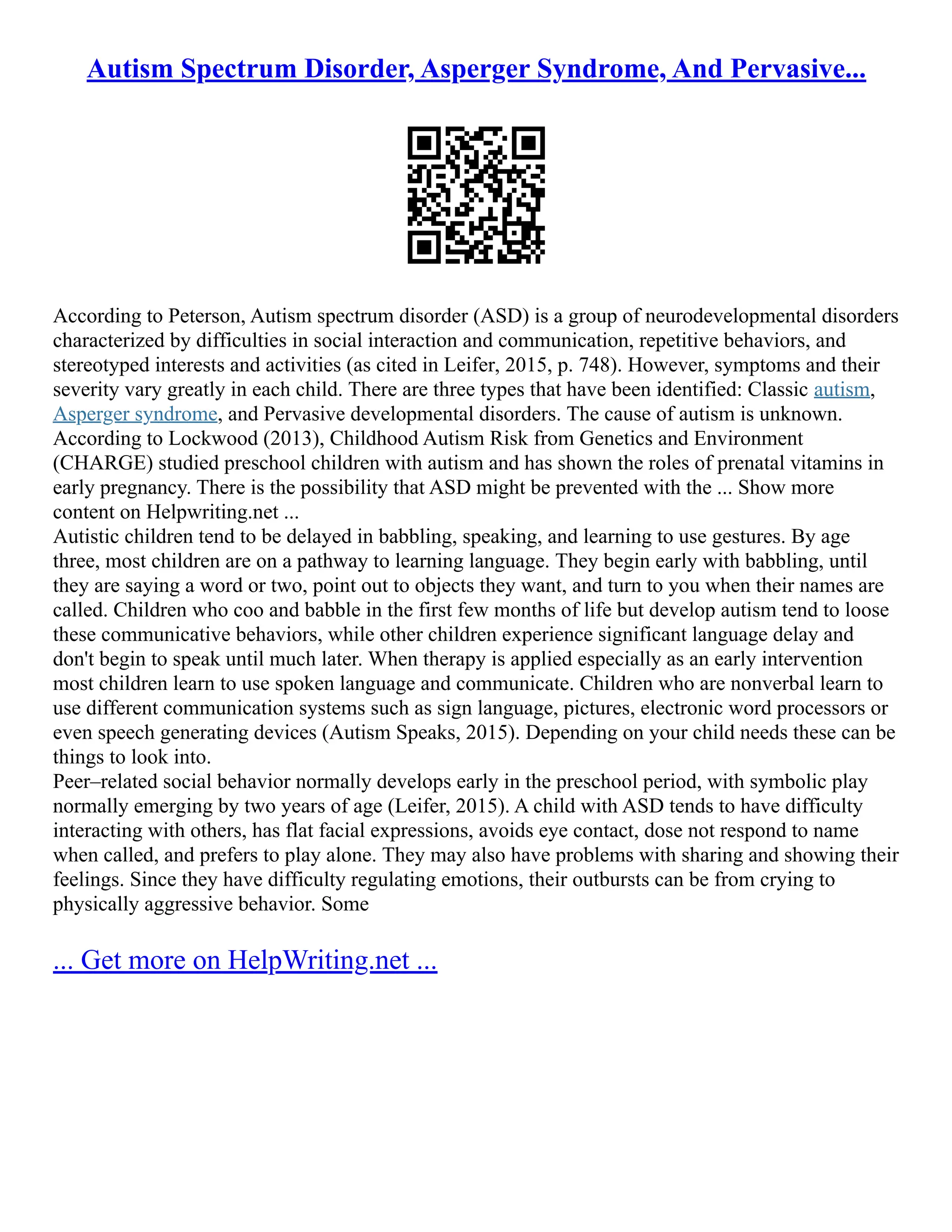 Autism Spectrum Disorder, Asperger Syndrome, And Pervasive... | PDF