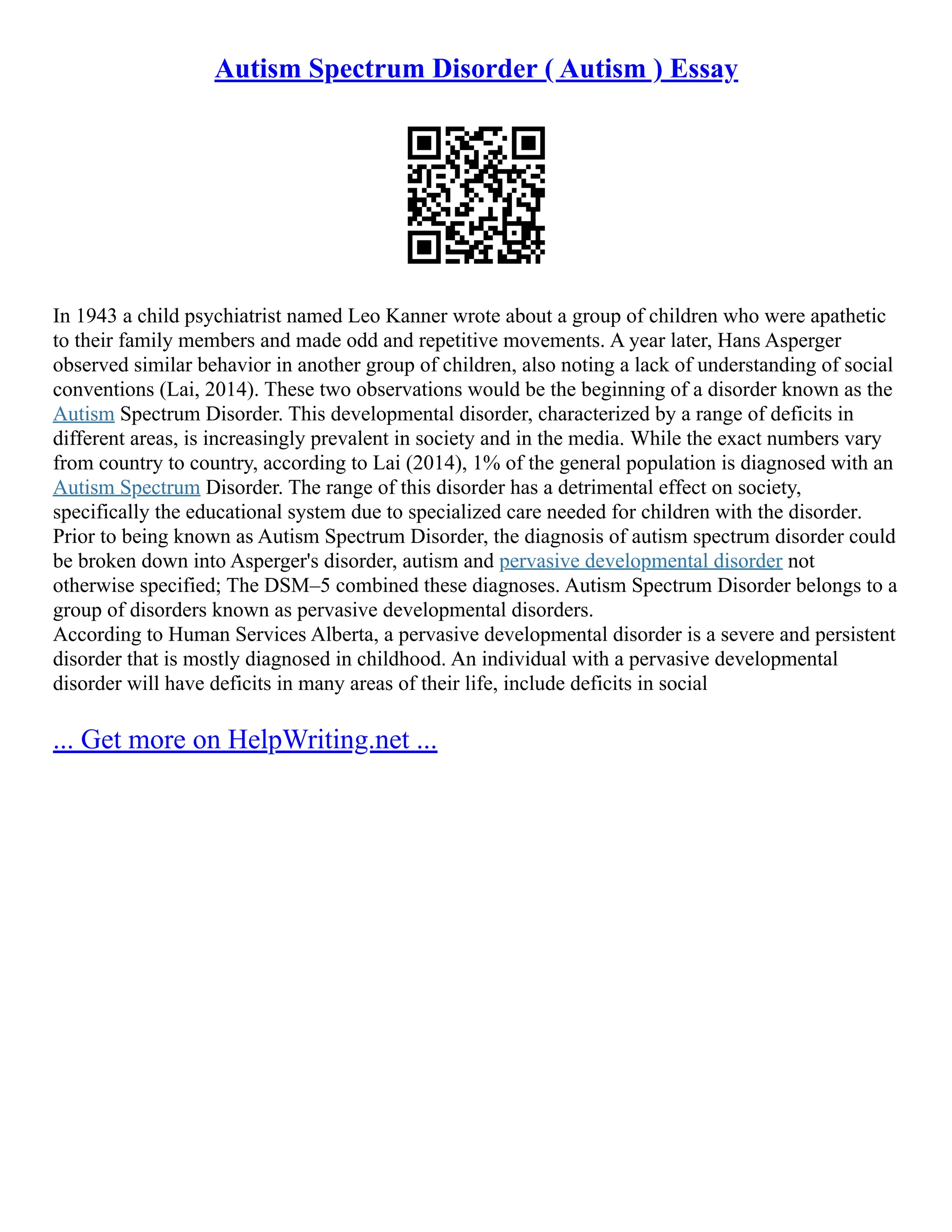 Autism Spectrum Disorder ( Autism ) Essay | PDF