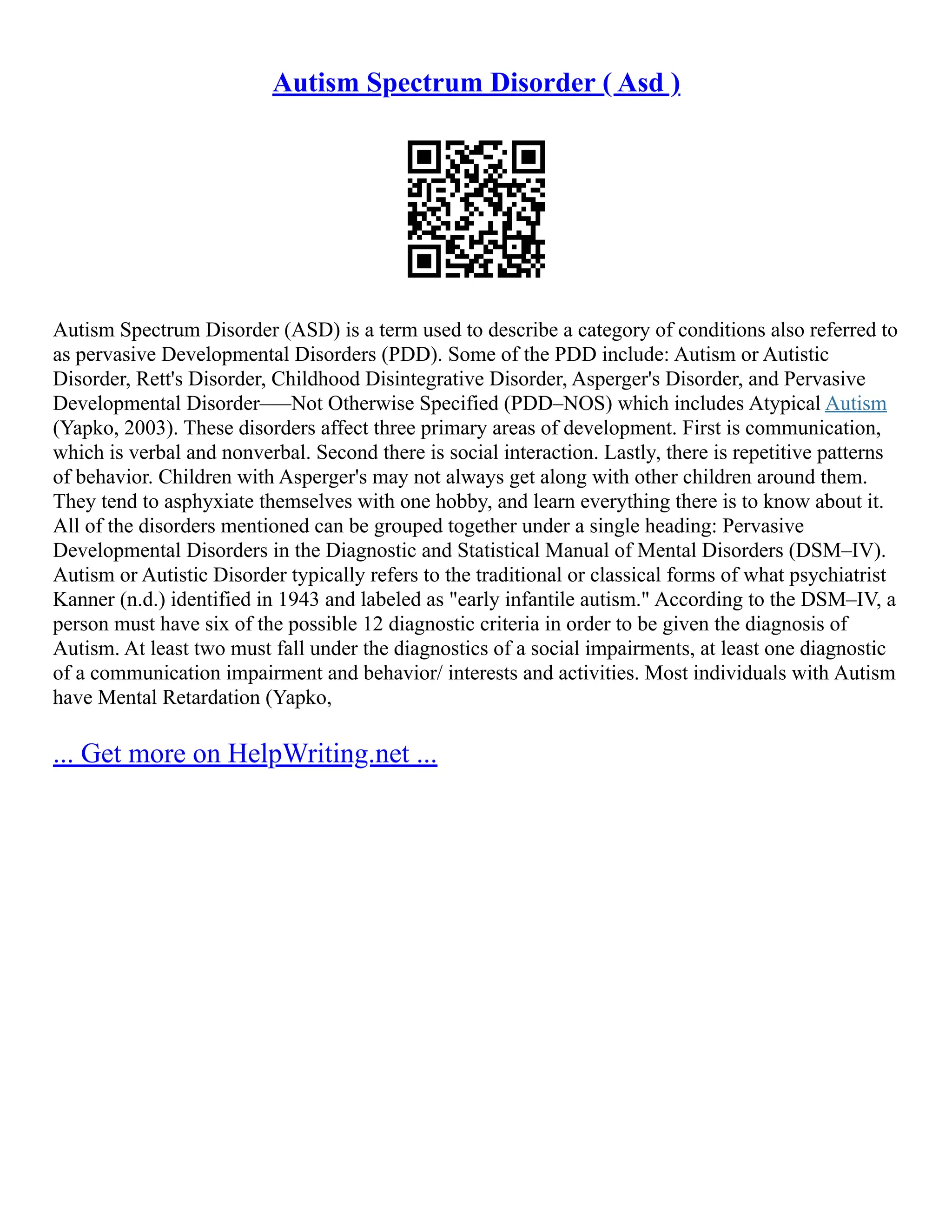 Autism Spectrum Disorder ( Autism ) Essay | PDF