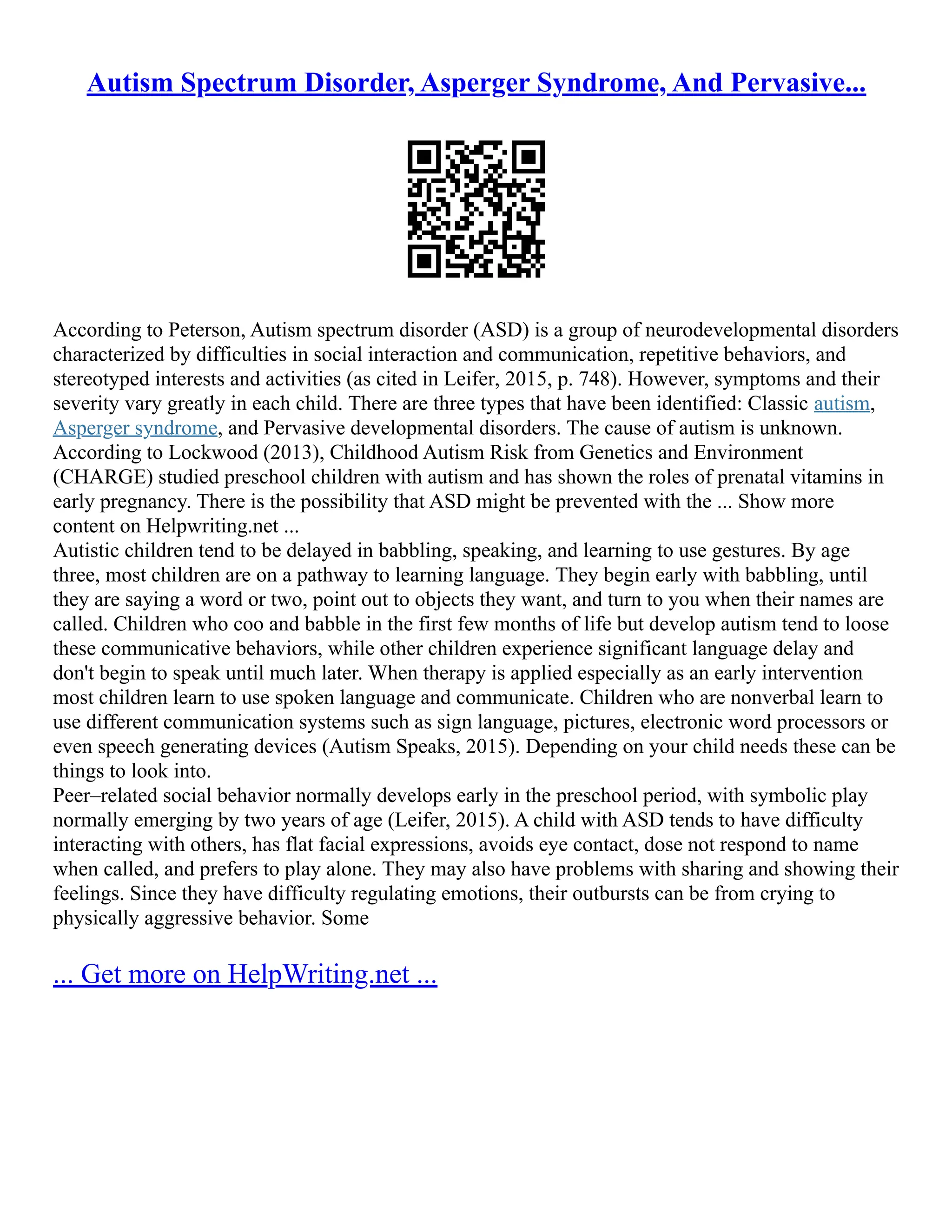 Autism Spectrum Disorder ( Autism ) Essay | PDF