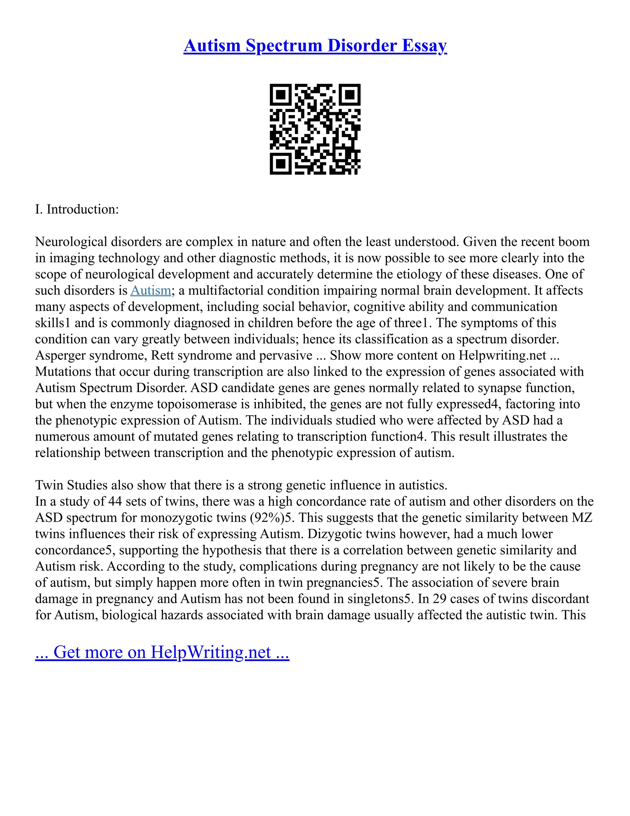 Autism Spectrum Disorder Essay | PDF