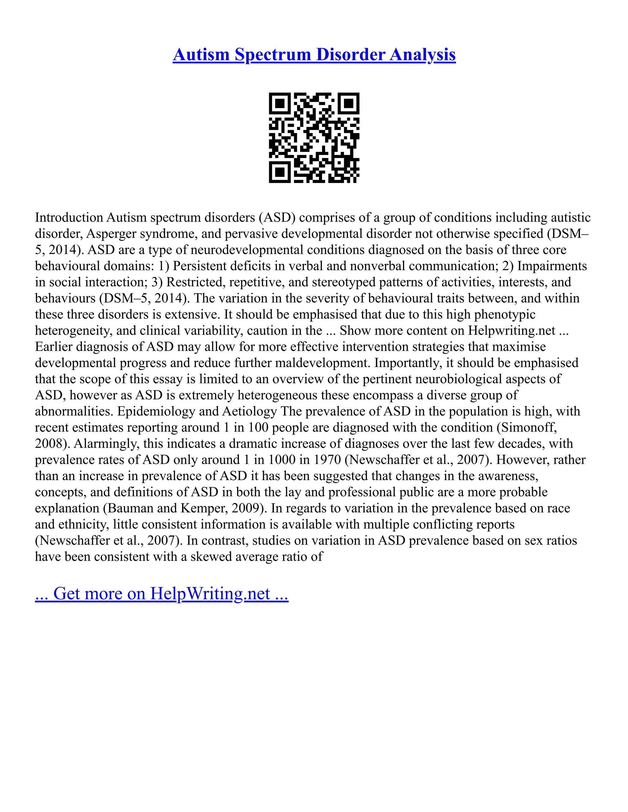 Autism Spectrum Disorder Essay | PDF