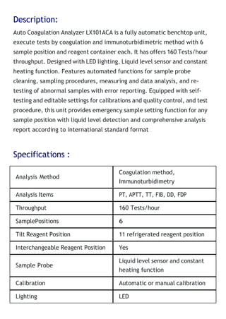Auto Coagulation Analyzer LX101ACA | PDF