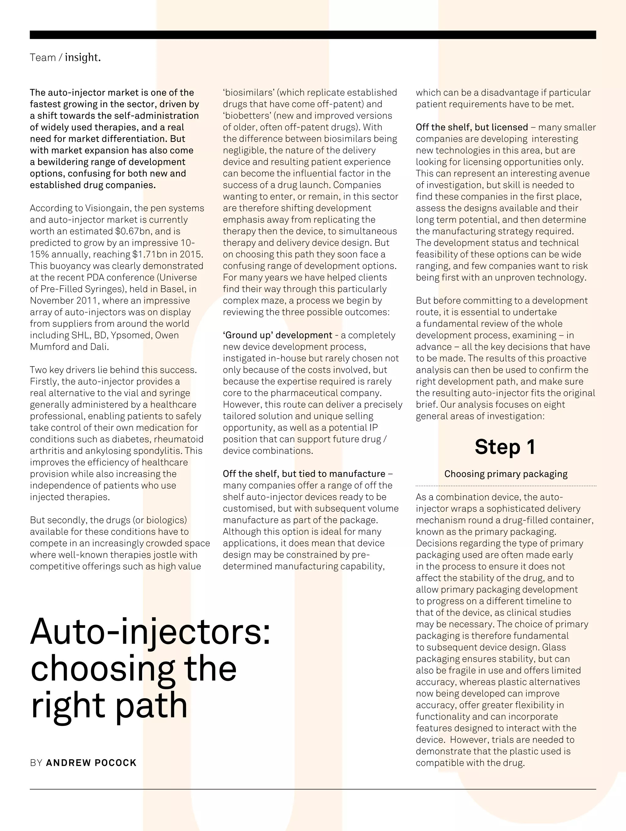 Auto-injectors: choosing the right path | Insight, issue 2 | PDF