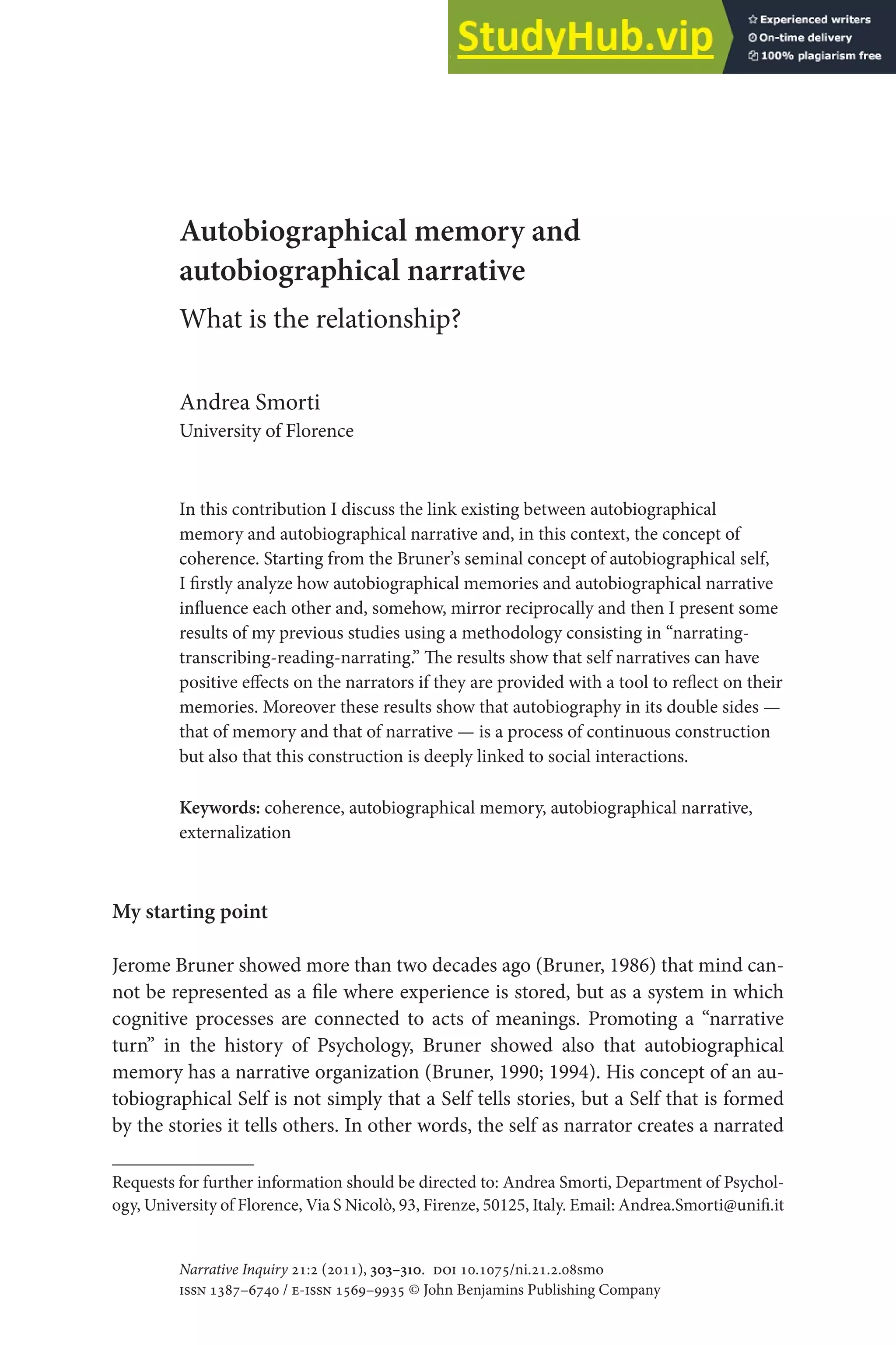 Autobiographical Memory And Autobiographical Narrative NI | PDF