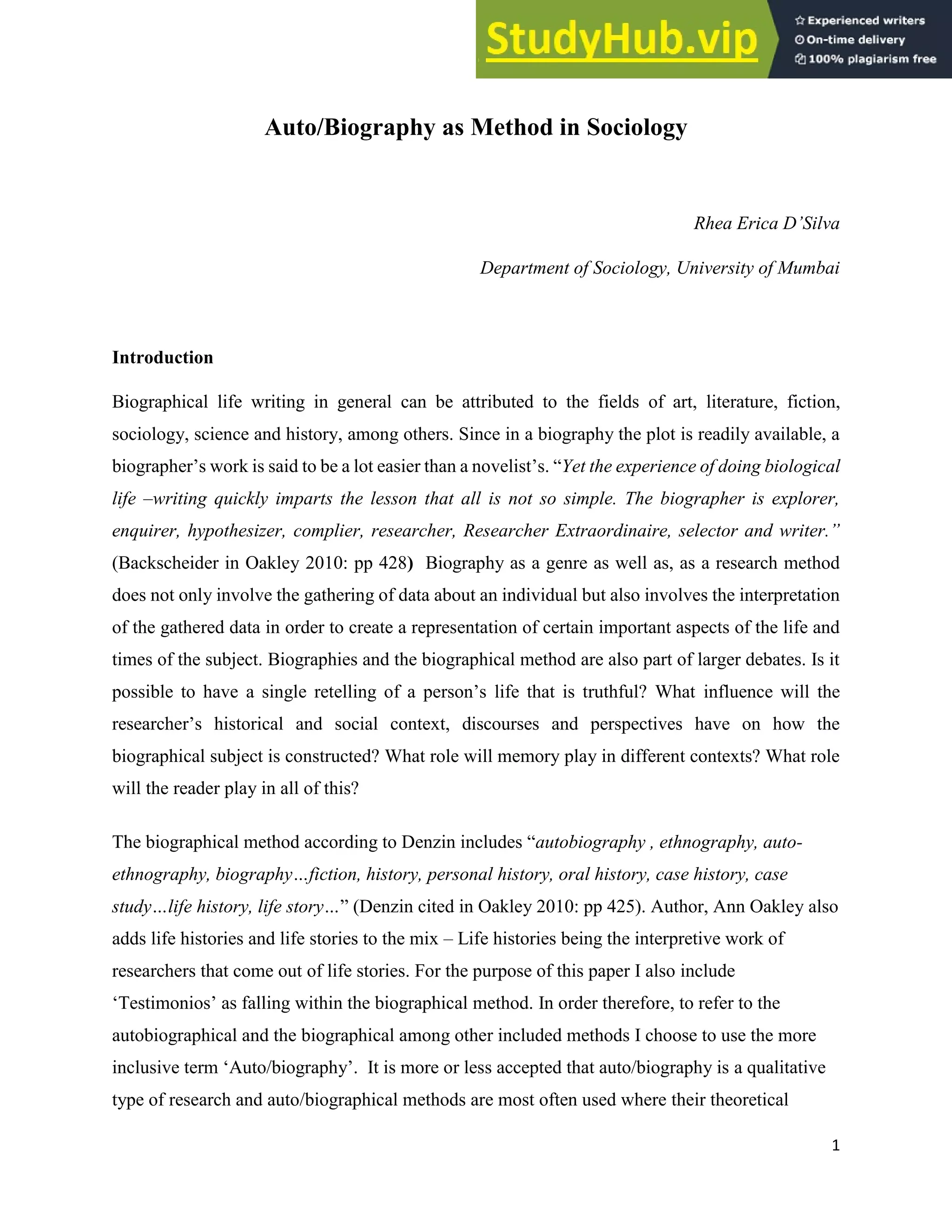 Auto Biography As Method In Sociology | PDF