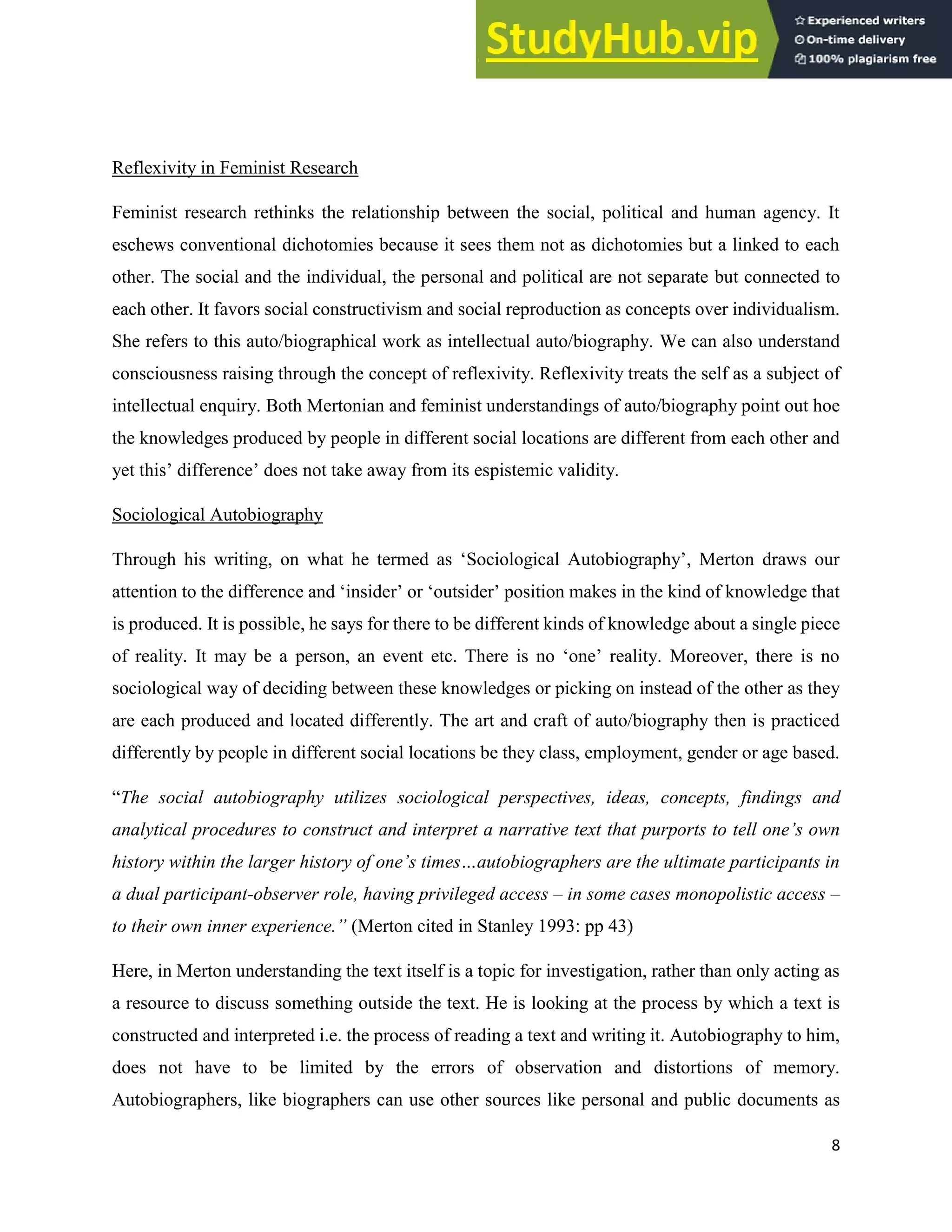 Auto Biography As Method In Sociology | PDF