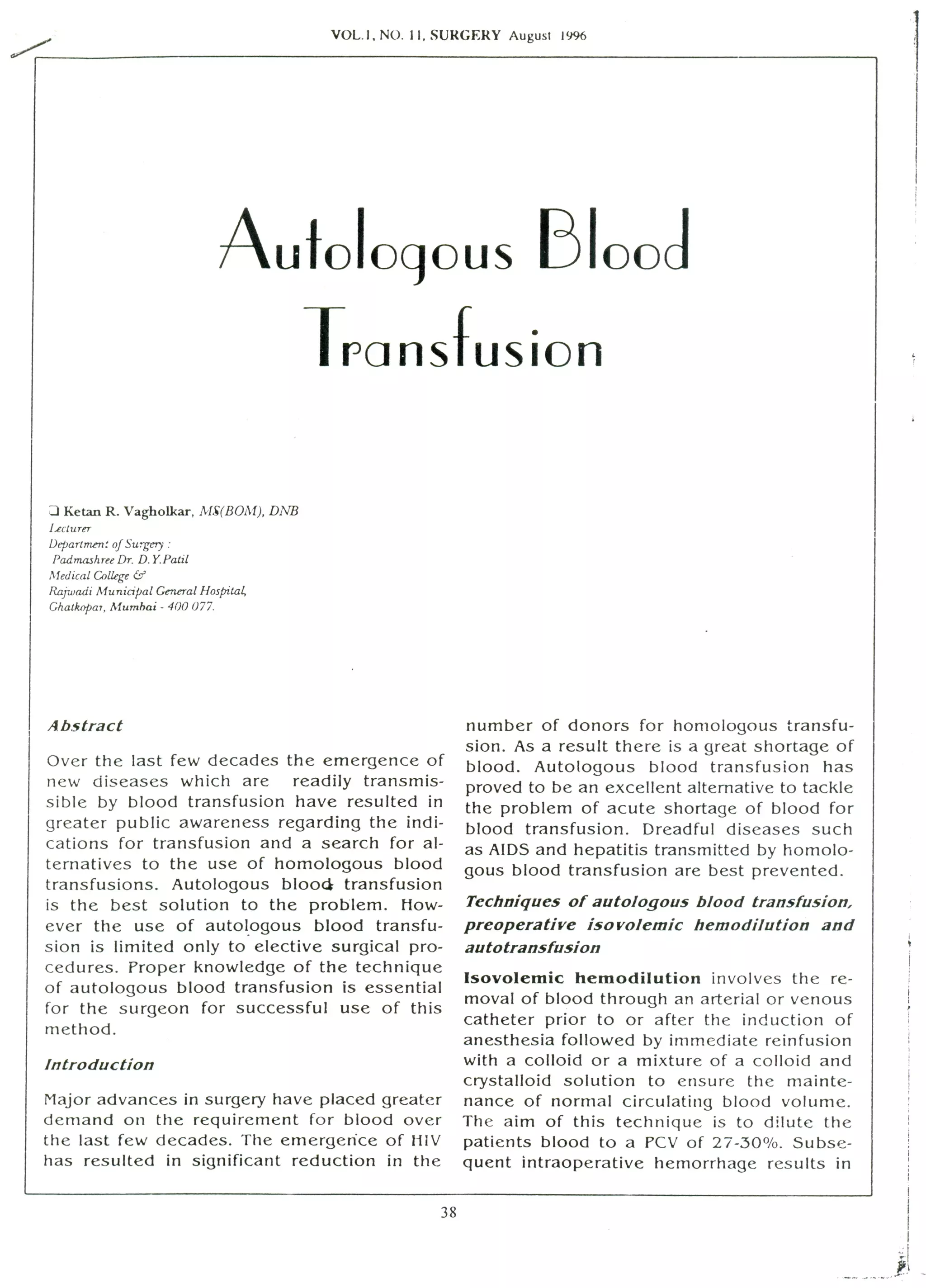 Autologous blood transfusion | PDF