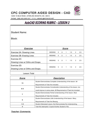 Autocad lesson grade sheet lesson 2 | PDF
