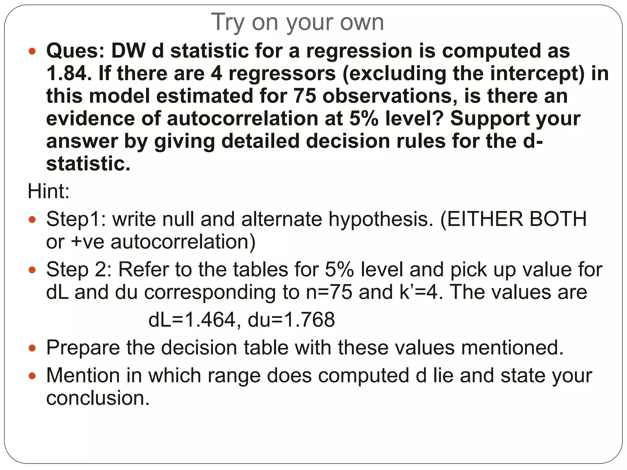 Autocorrelation- Detection- part 1- Durbin-Watson d test | PPT