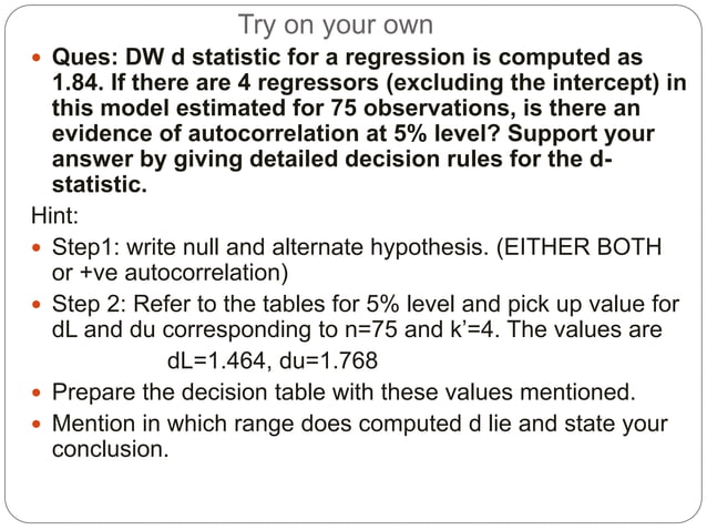 Autocorrelation Detection Part 1 Durbin Watson D Test Ppt