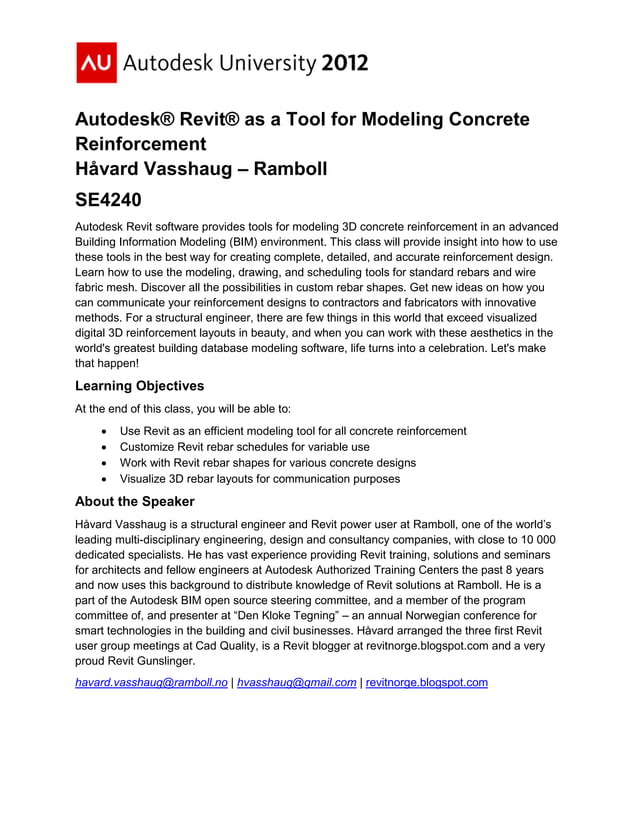 Autodesk revit structuretool for-modeling-concrete-reinforcement | PDF