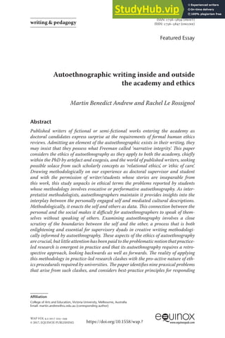 Autoethnographic Writing Inside And Outside The Academy And Ethics | PDF