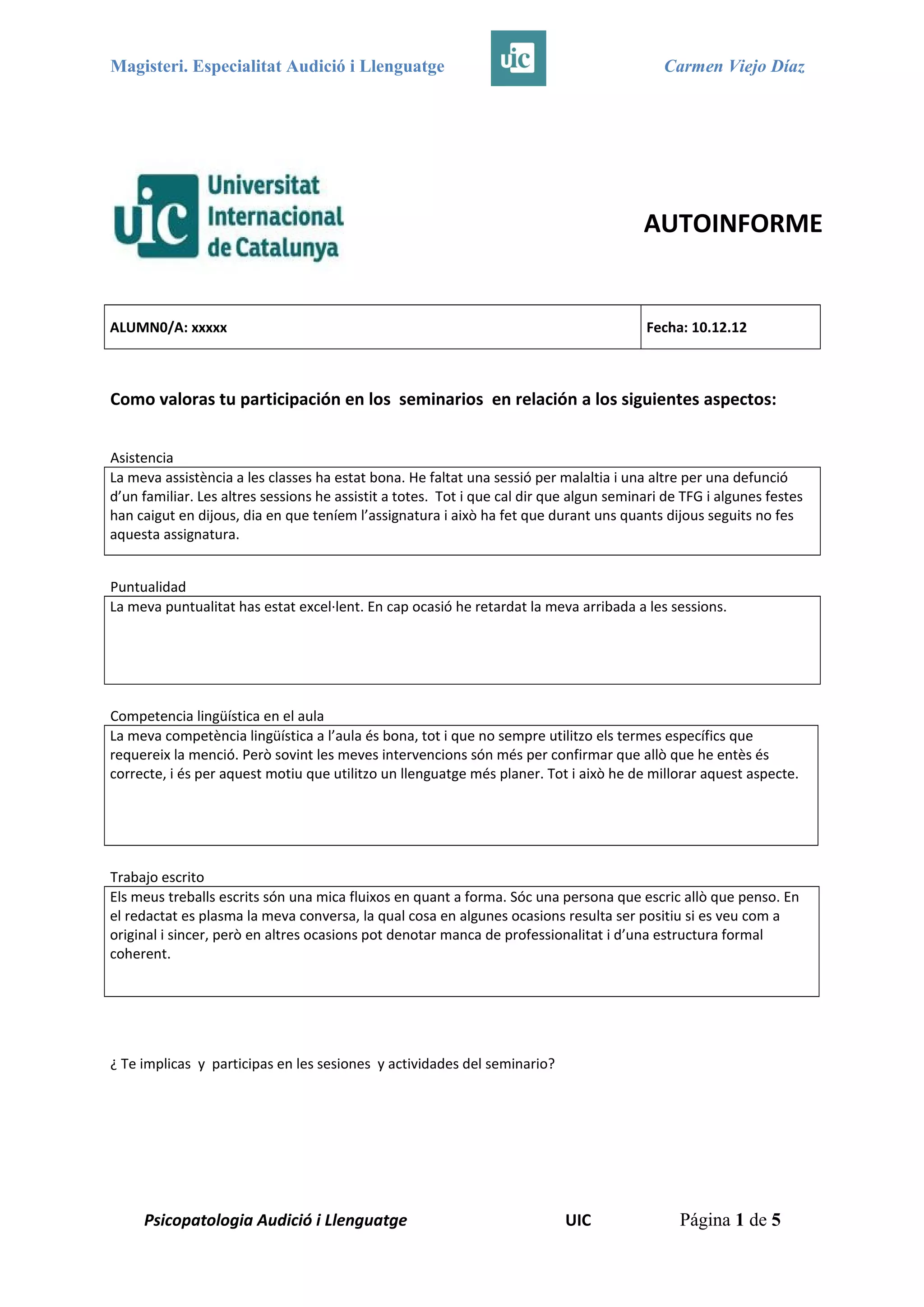 Autoevaluación - Autoinforme de asignatura | DOC