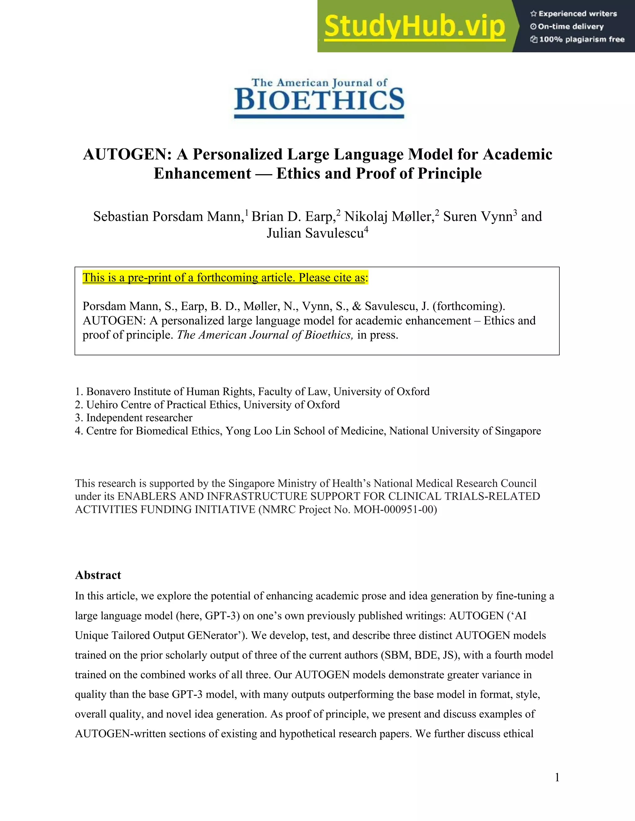 AUTOGEN A Personalized Large Language Model For Academic Enhancement ...