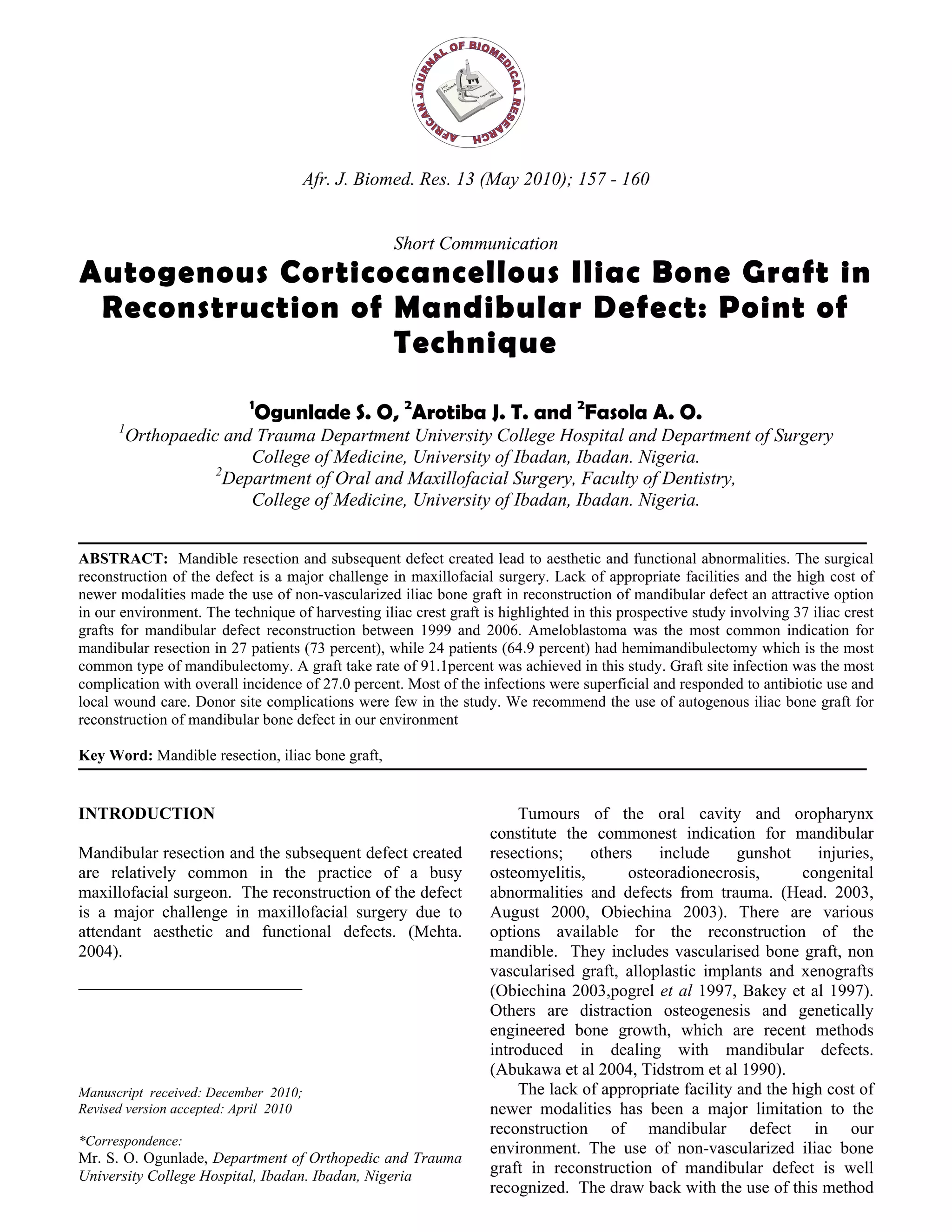 Autogenous corticocancellous iliac bone graft in reconstruction of ...