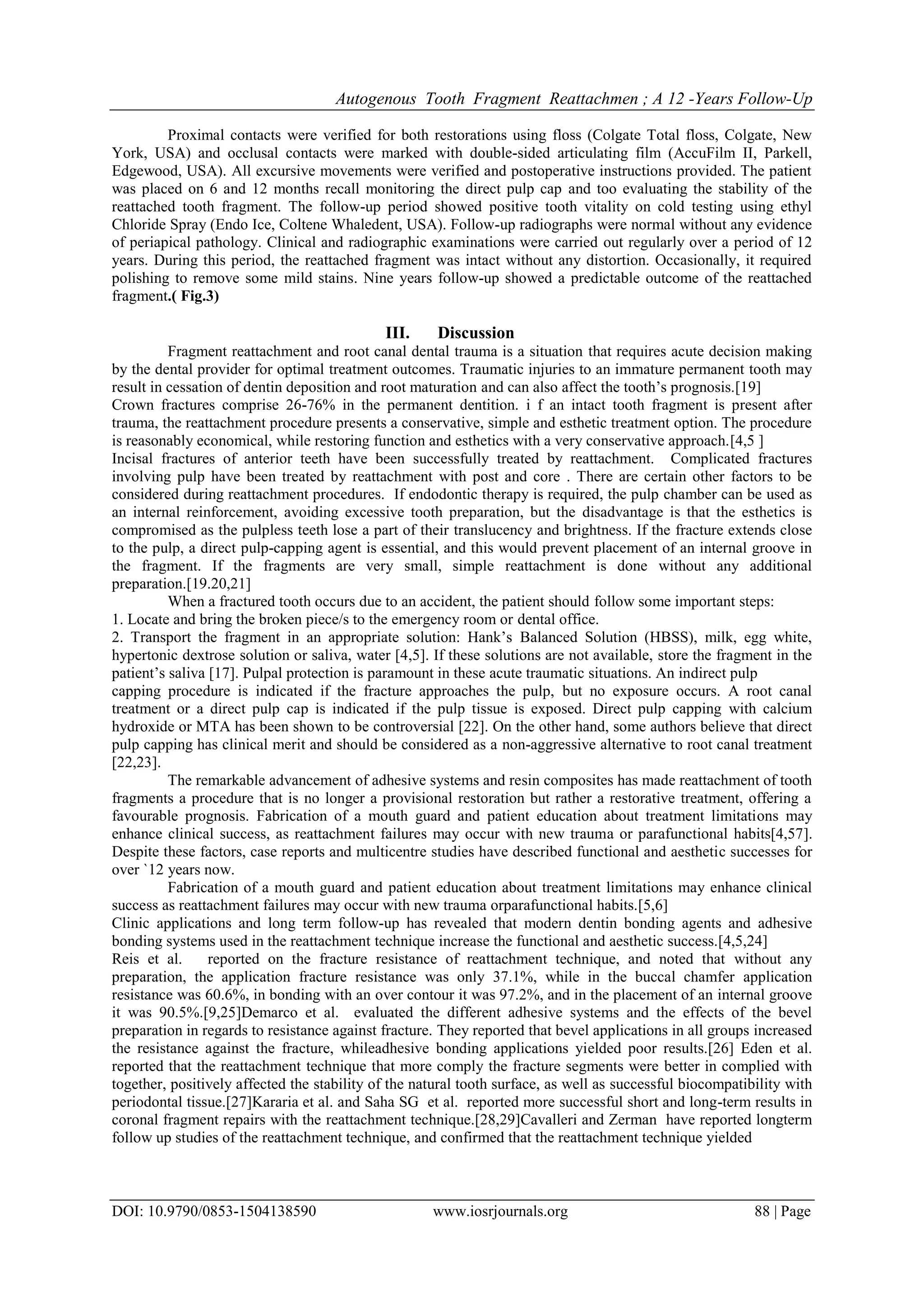 Autogenous tooth fragment reattachment ; a 12 years follow-up | PDF ...