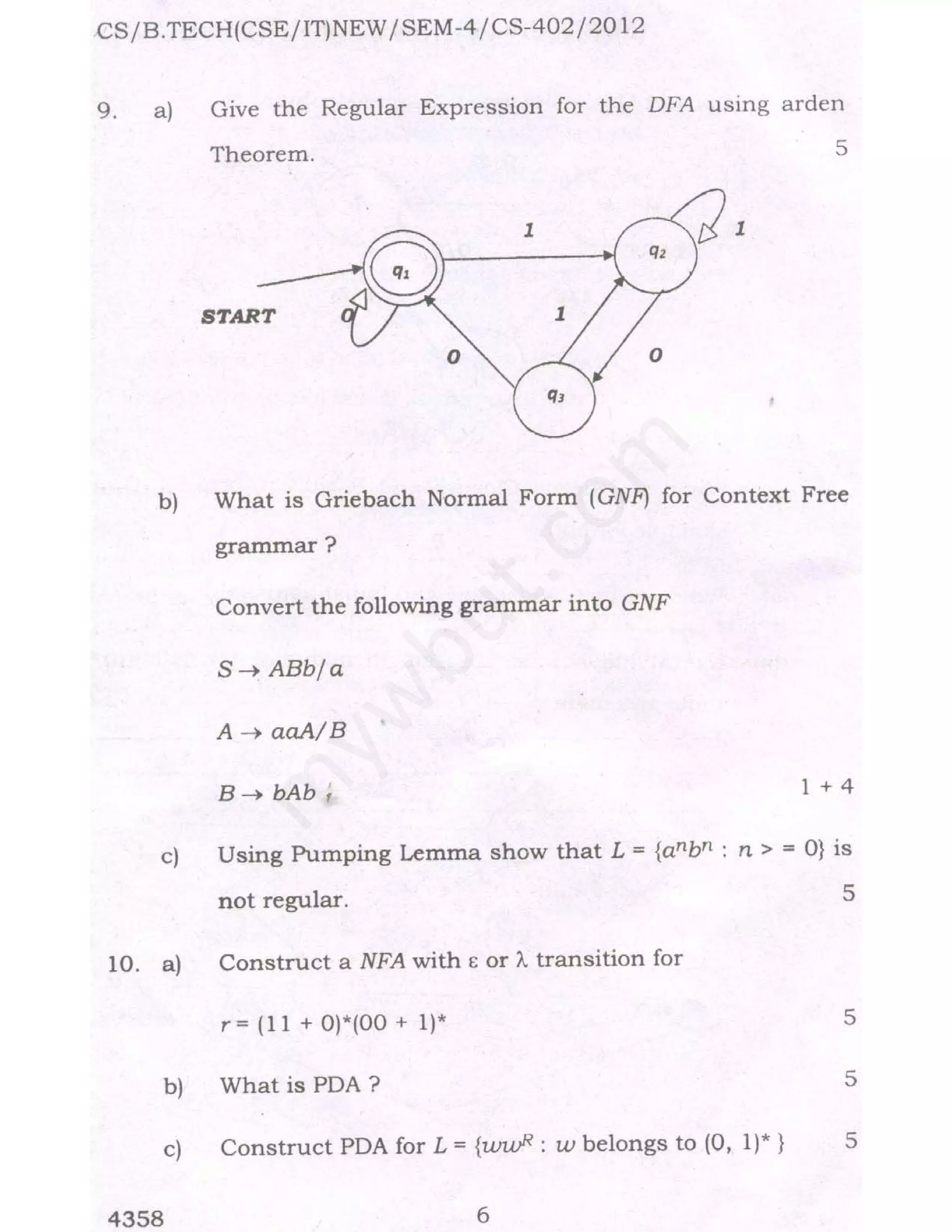 Automata Question paper 2012 & Answers | PDF