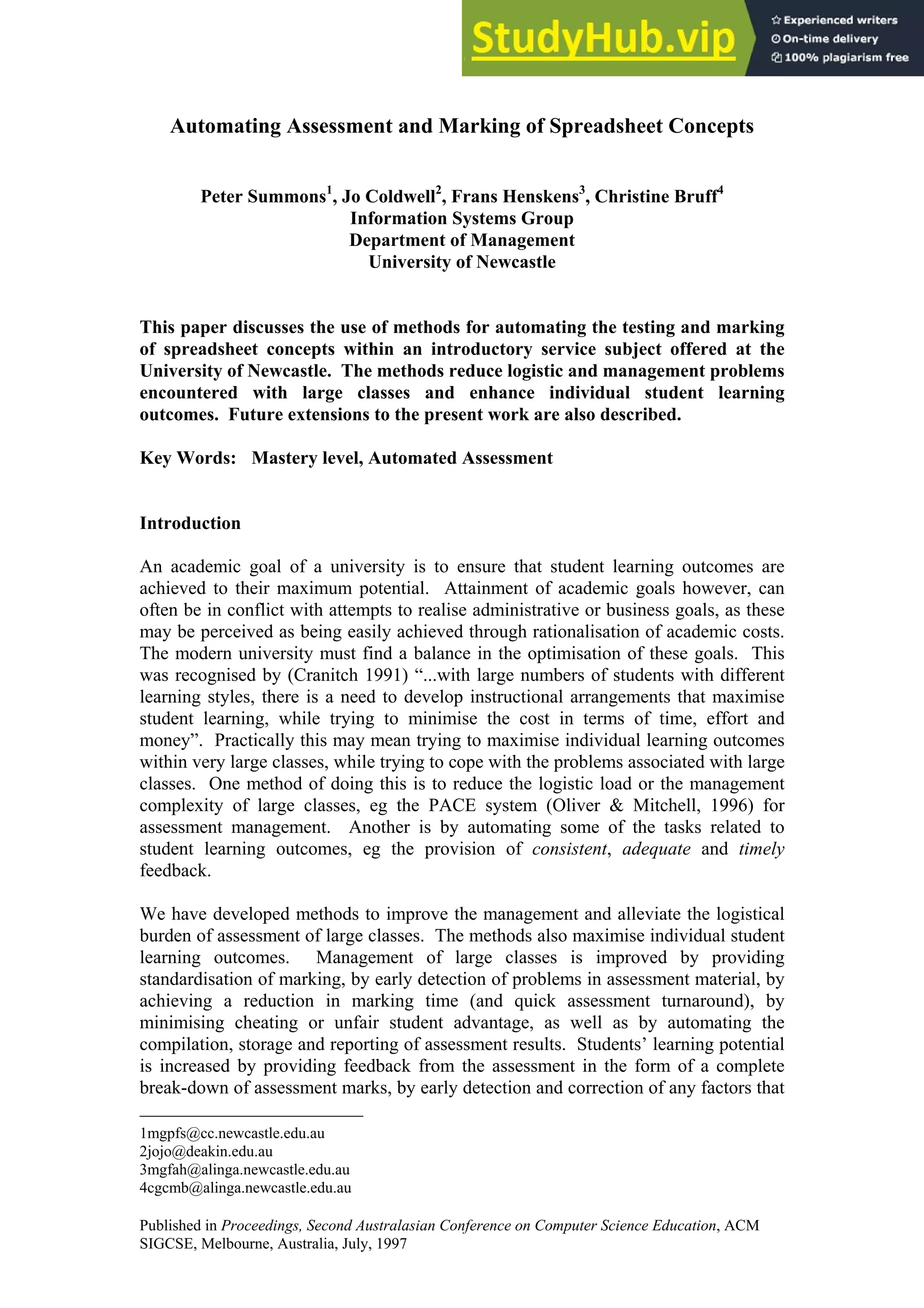 Automated Assessment And Marking Of Spreadsheet Concepts | PDF | Educational Assessment | Education