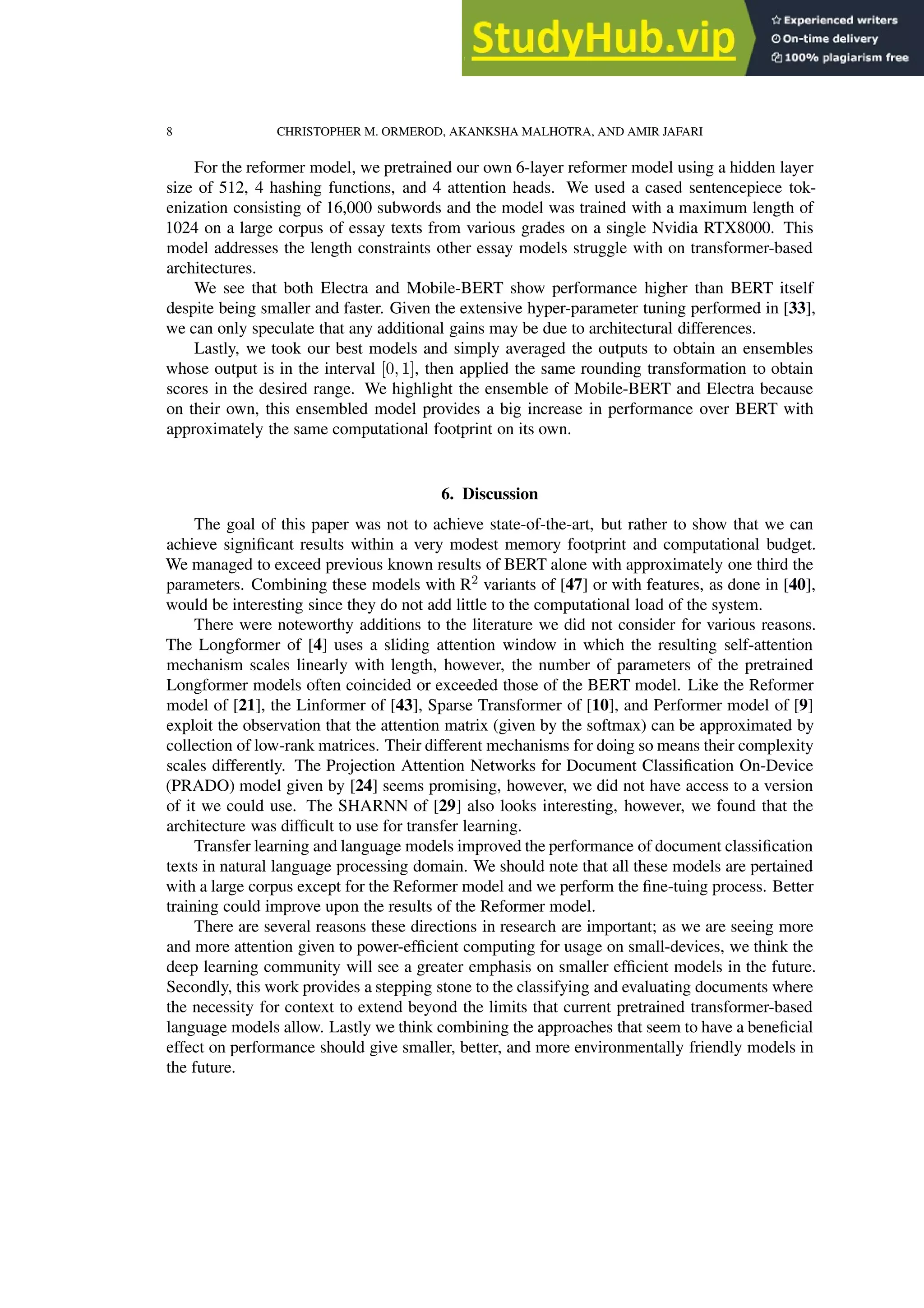 Automated Essay Scoring Using Efficient Transformer Based Language
