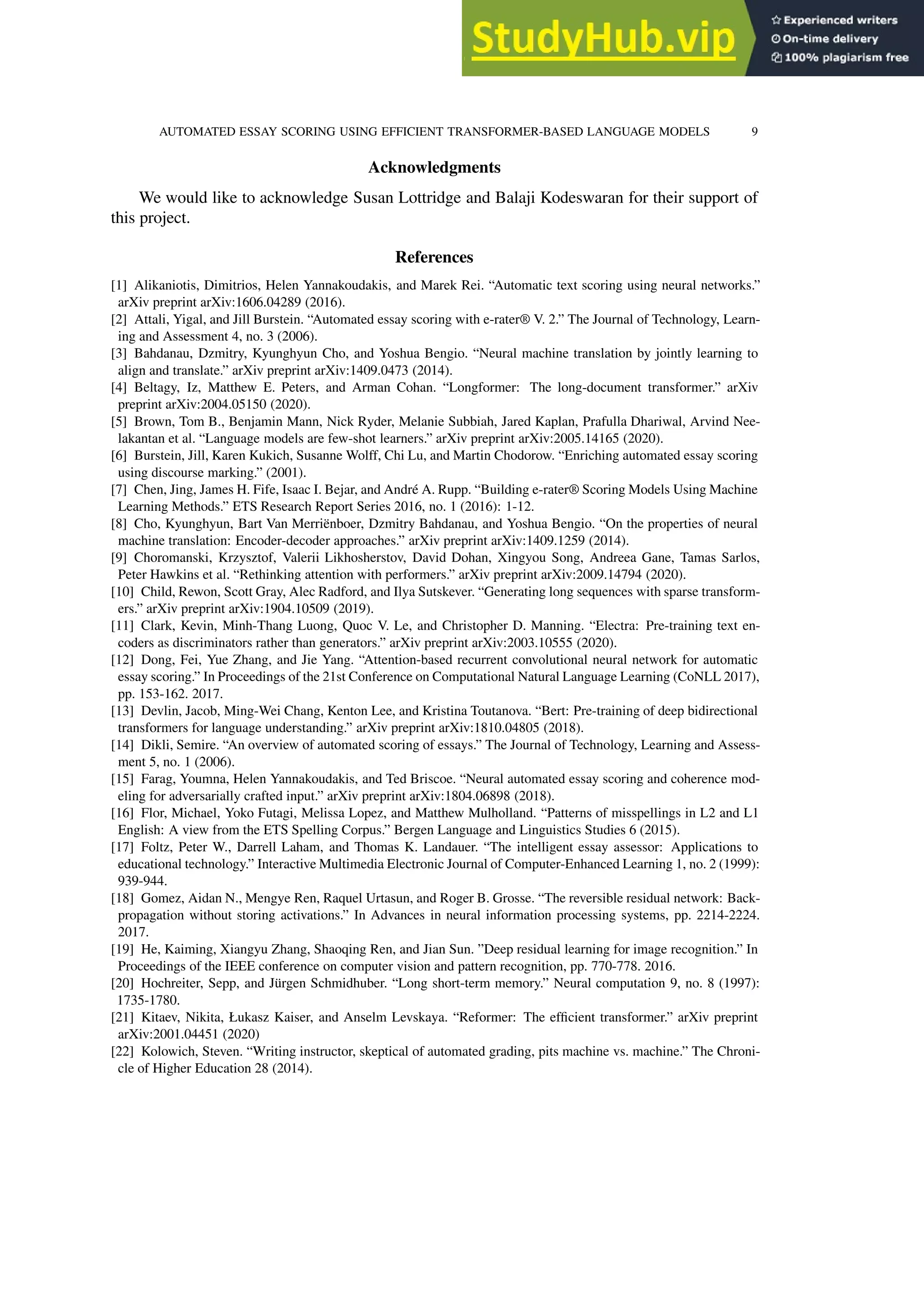 Automated Essay Scoring Using Efficient Transformer Based Language