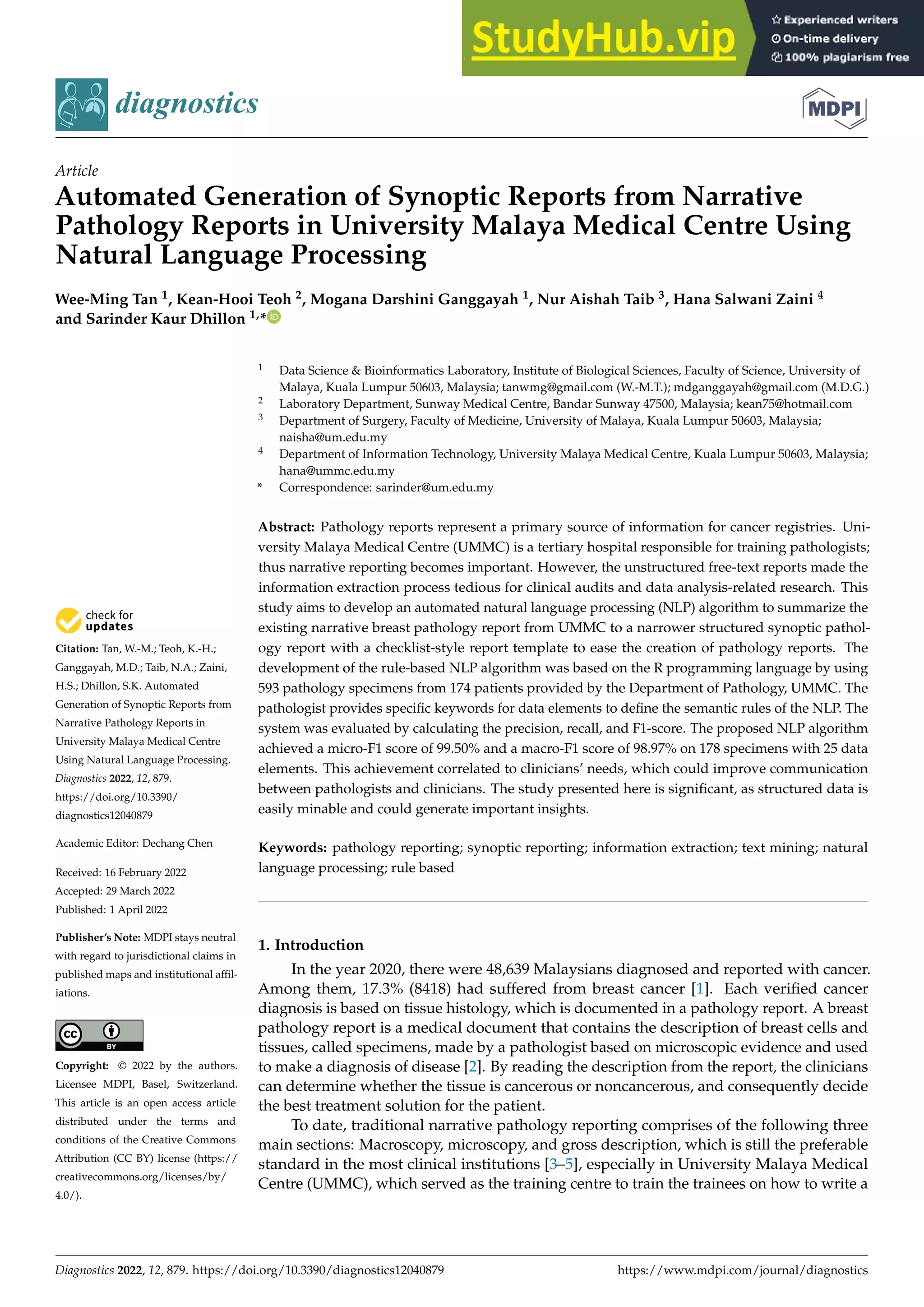 Automated Generation Of Synoptic Reports From Narrative Pathology ...