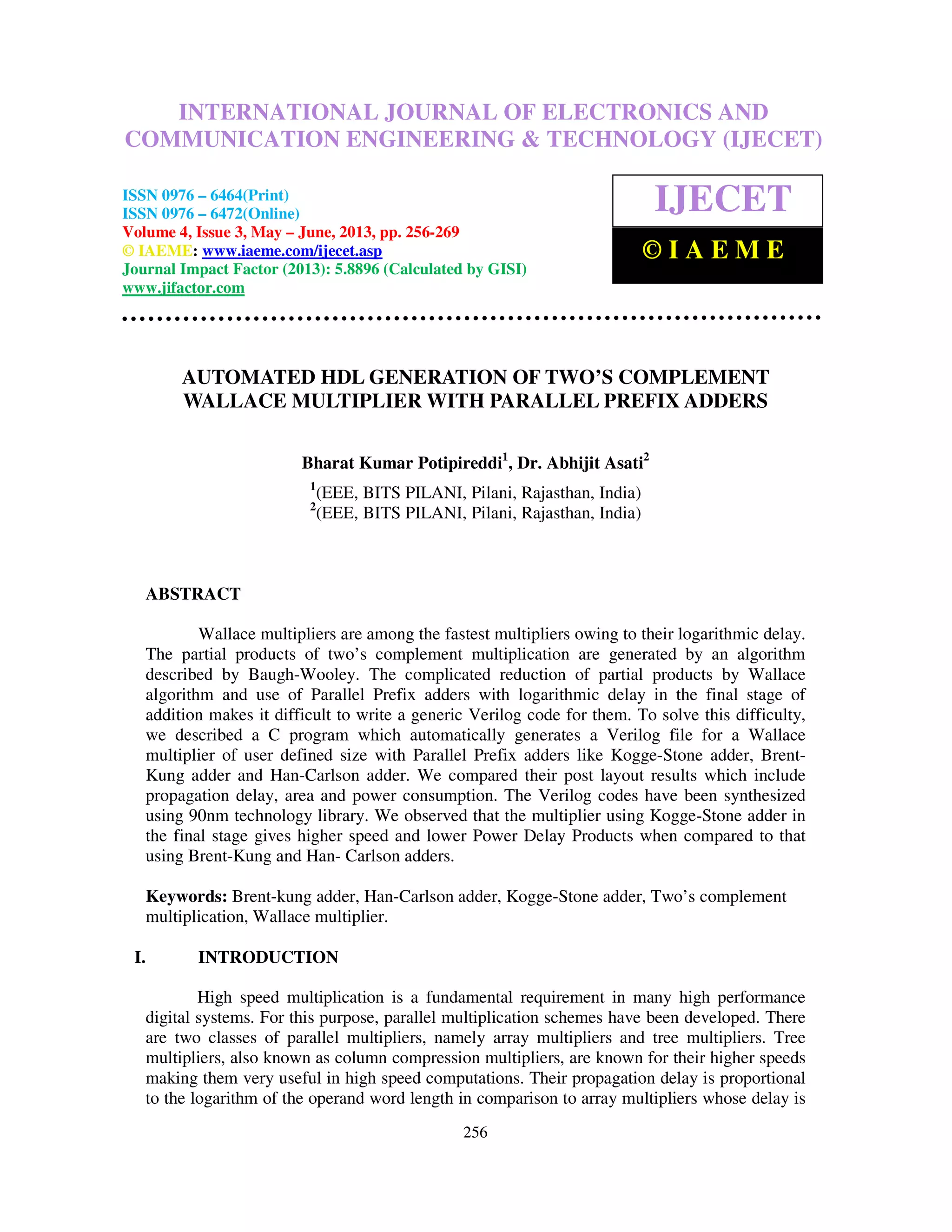Automated hdl generation of two’s complement wallace multiplier with par | PDF
