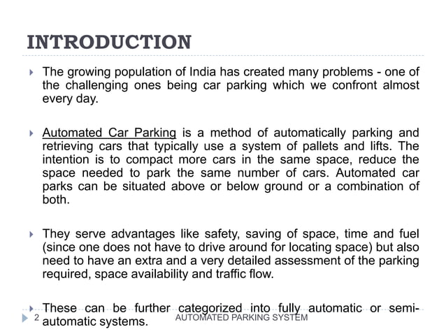 Automated parking system | PPTX | Auto Safety Technologies | Auto ...