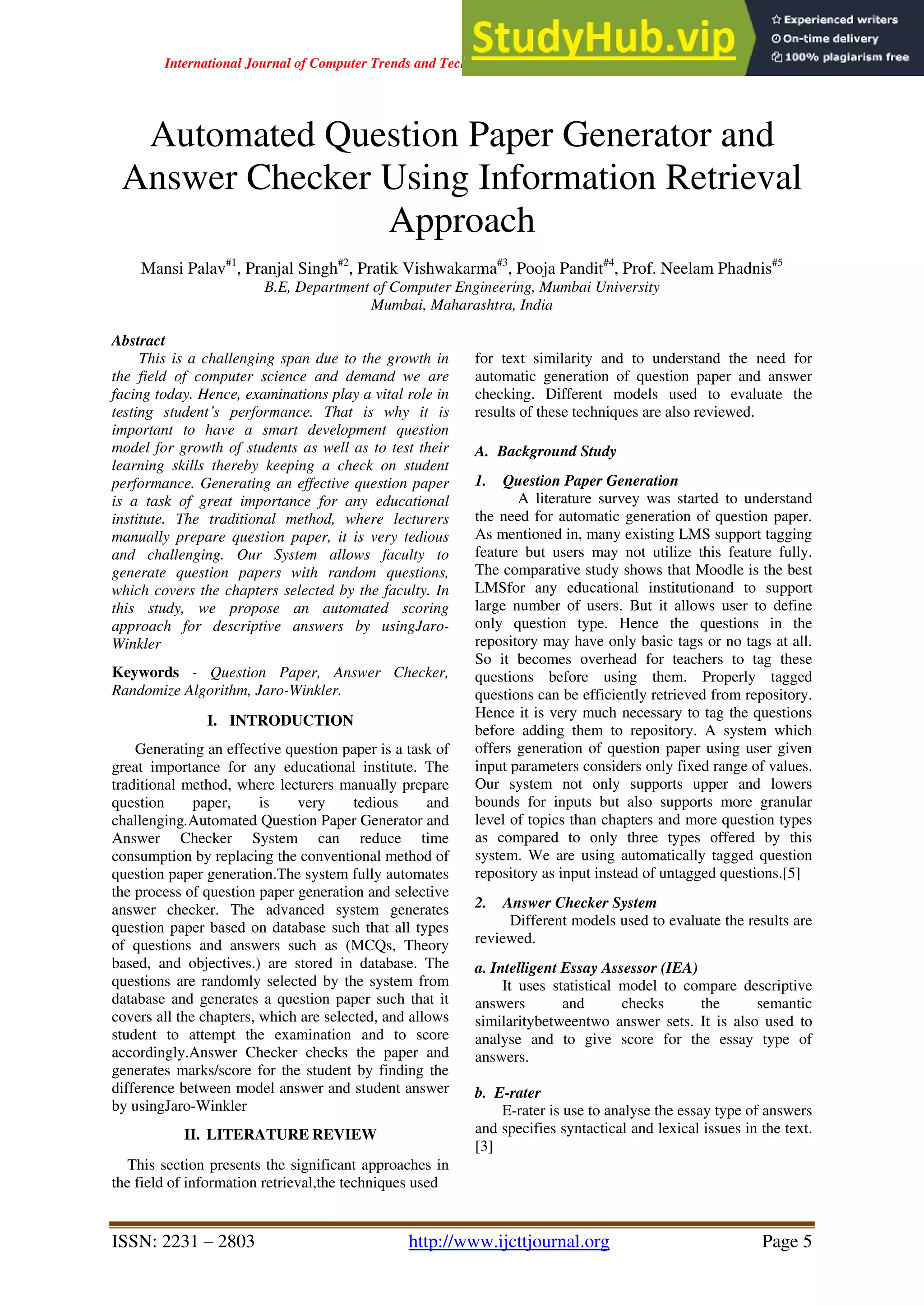 Automated Question Paper Generator And Answer Checker Using Information Retrieval Approach | PDF