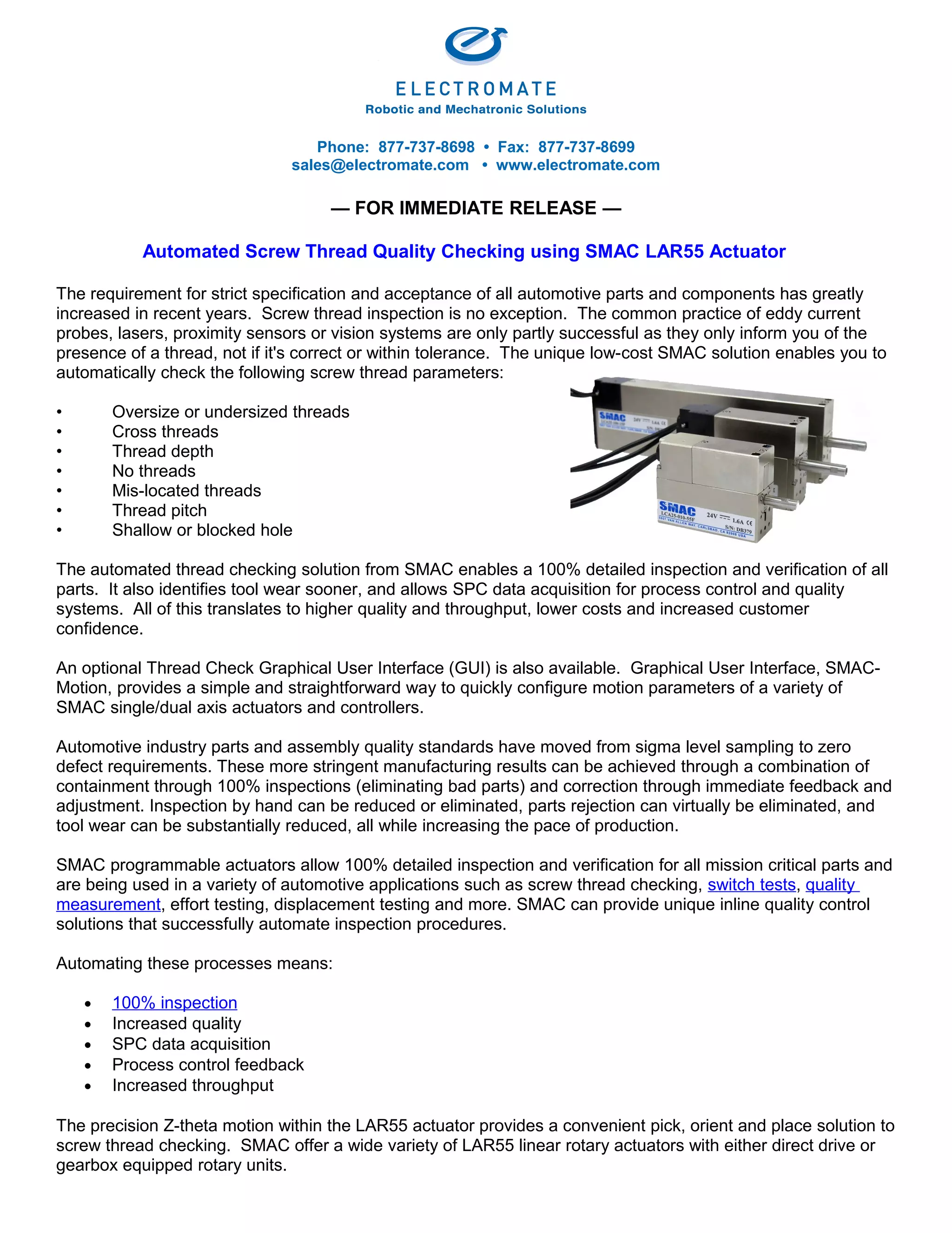 Automated screw thread quality checking using SMAC LAR55 actuator new ...