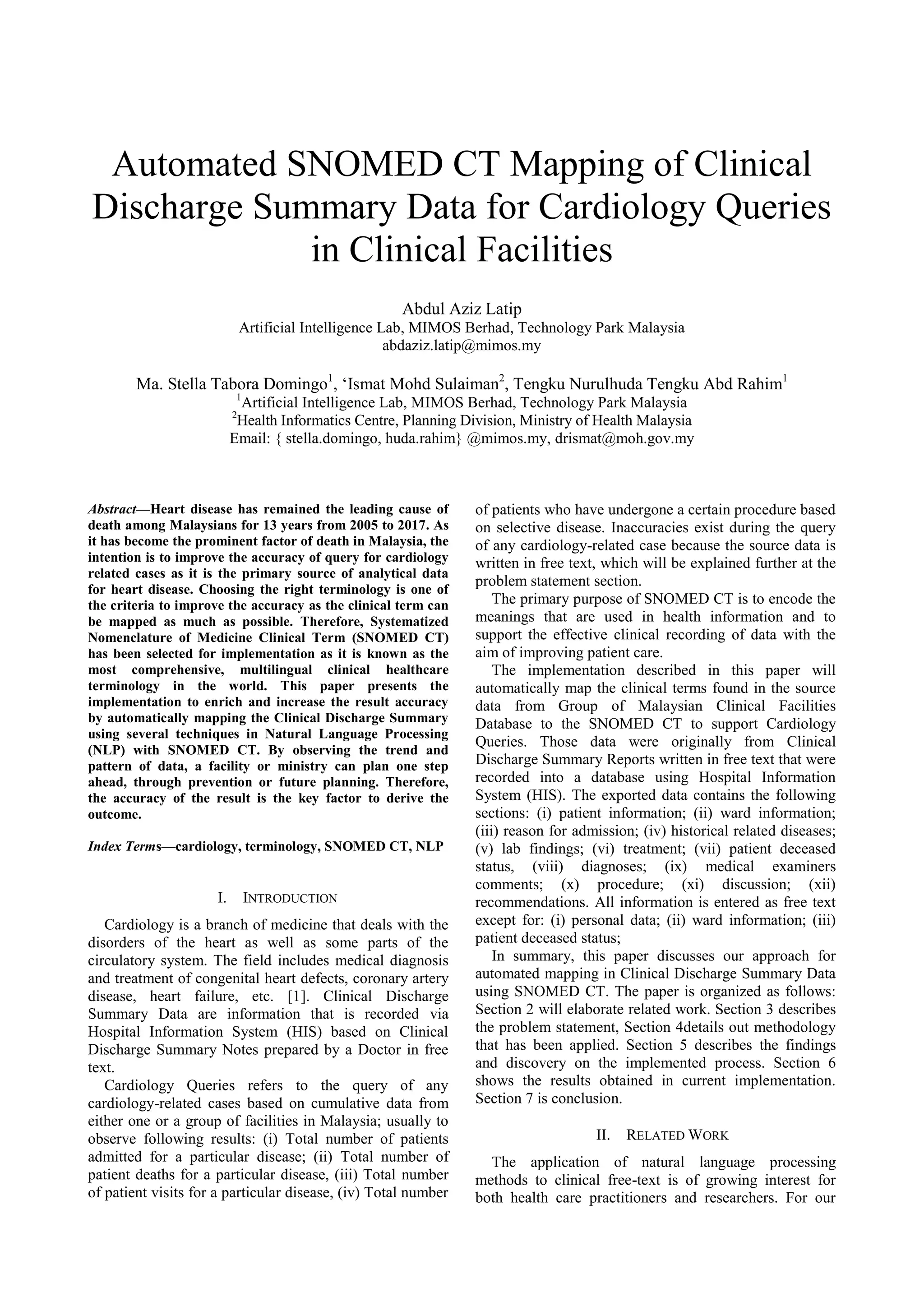 Automated snomed ct mapping of clinical discharge summary data for cardiology queries in ...