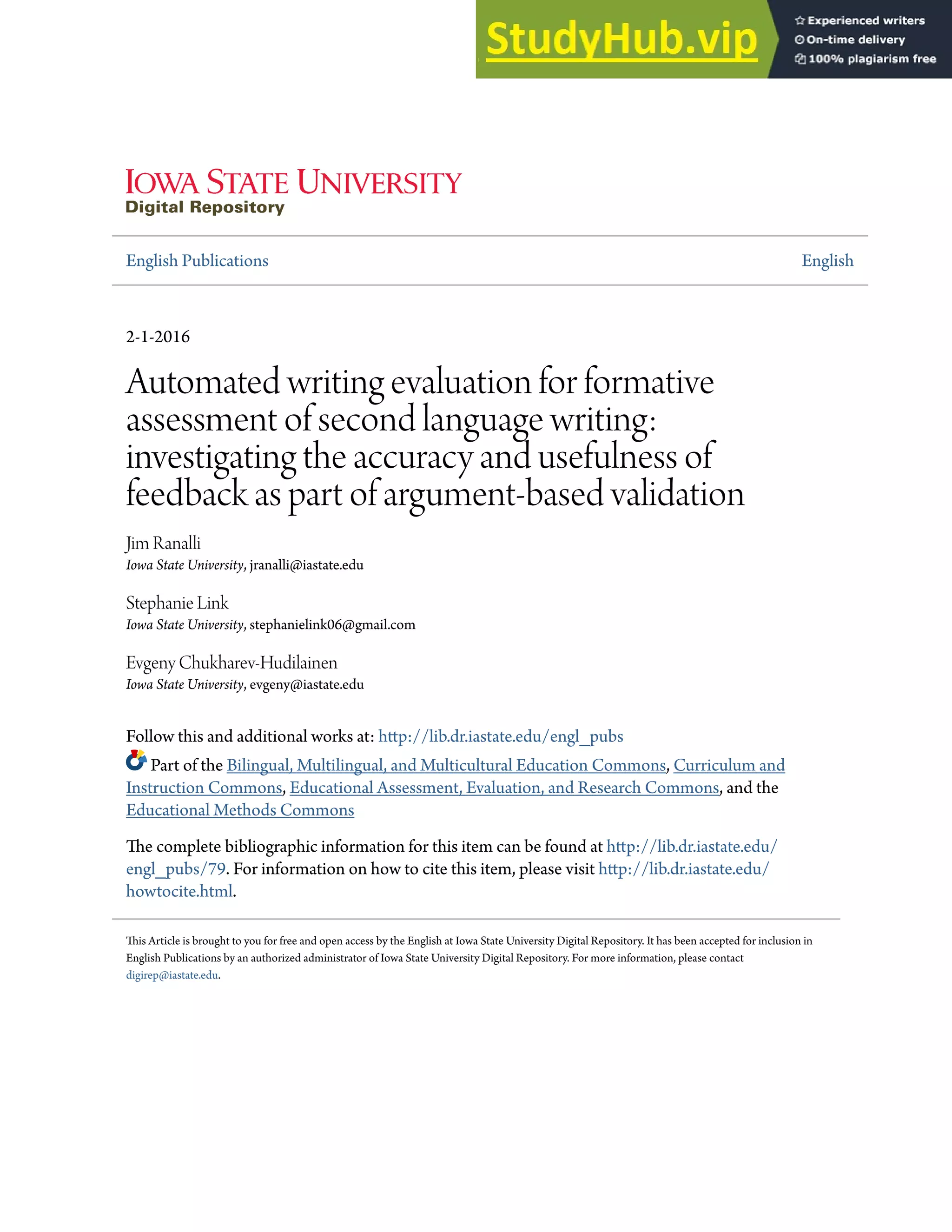 Automated Writing Evaluation For Formative Assessment Of Second Language Writing Investigating