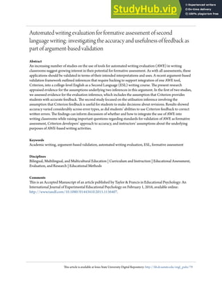 Automated Writing Evaluation For Formative Assessment Of Second Language Writing Investigating ...