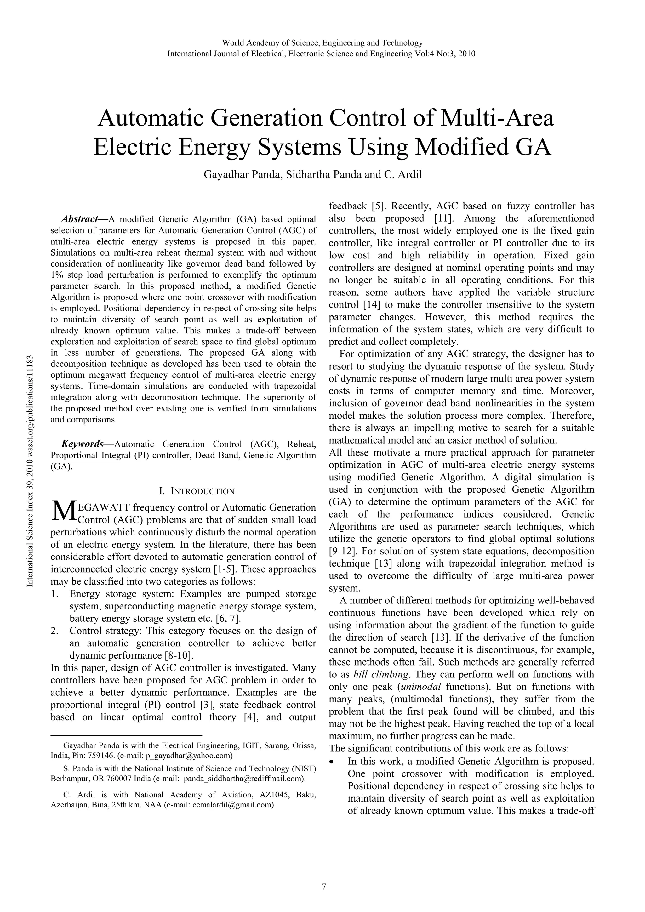 Automatic Generation Control Of Multi Area Electric Energy Systems