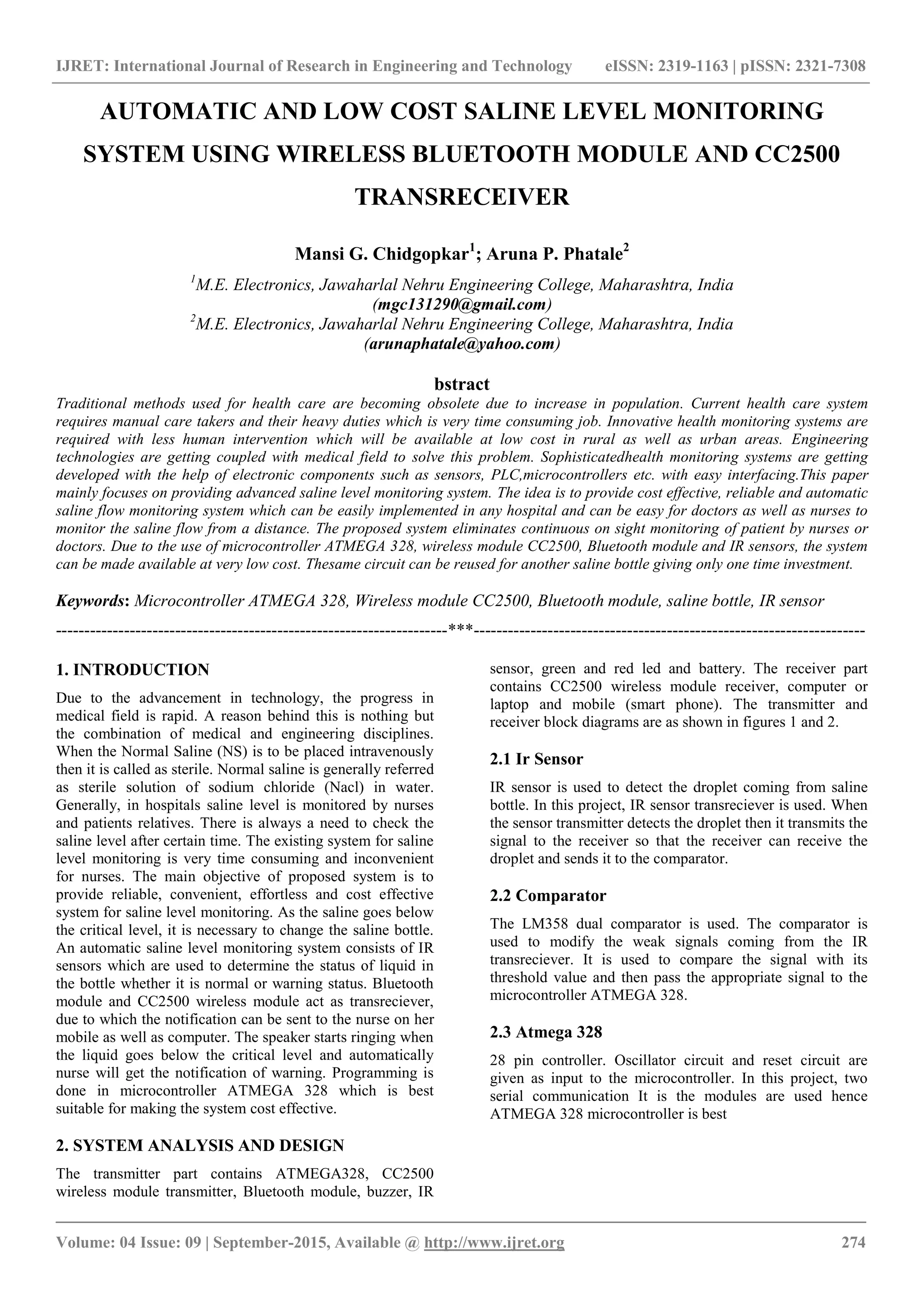 Automatic and low cost saline level monitoring system using wireless bluetooth module and cc2500 ...