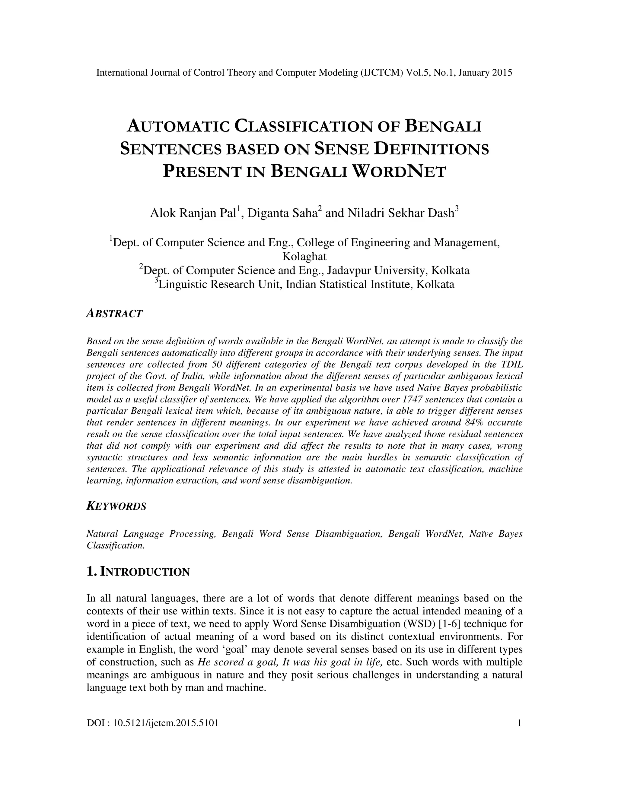 Automatic classification of bengali sentences based on sense definitions present in bengali ...