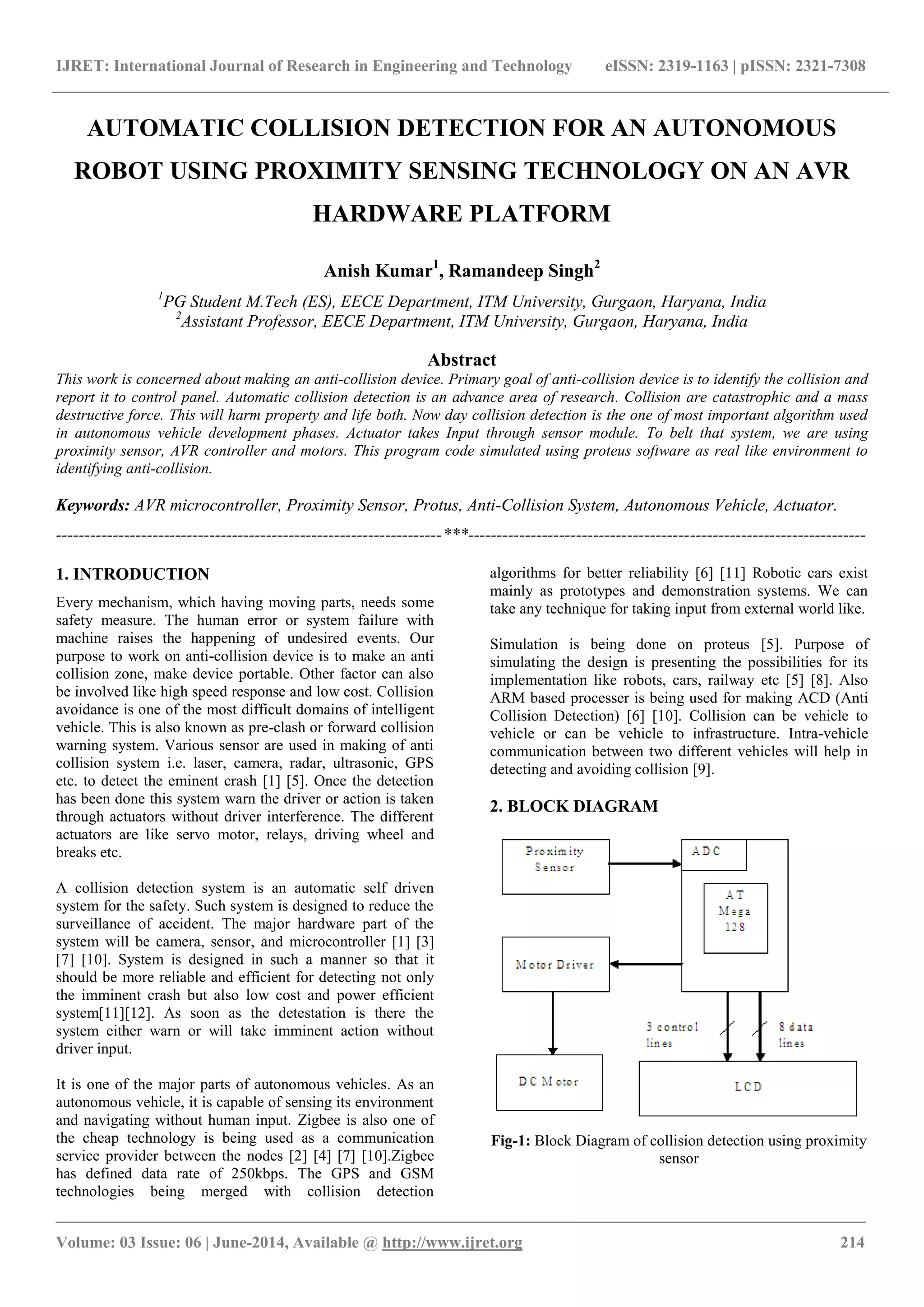 Automatic Collision Detection For An Autonomous Robot Using Proximity