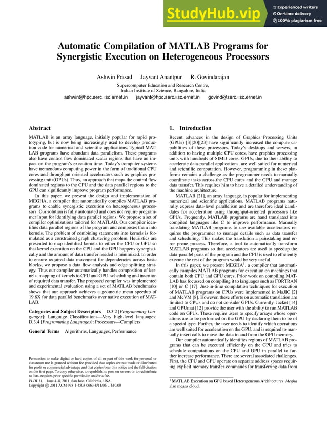Automatic Compilation Of MATLAB Programs For Synergistic Execution On Heterogeneous Processors | PDF