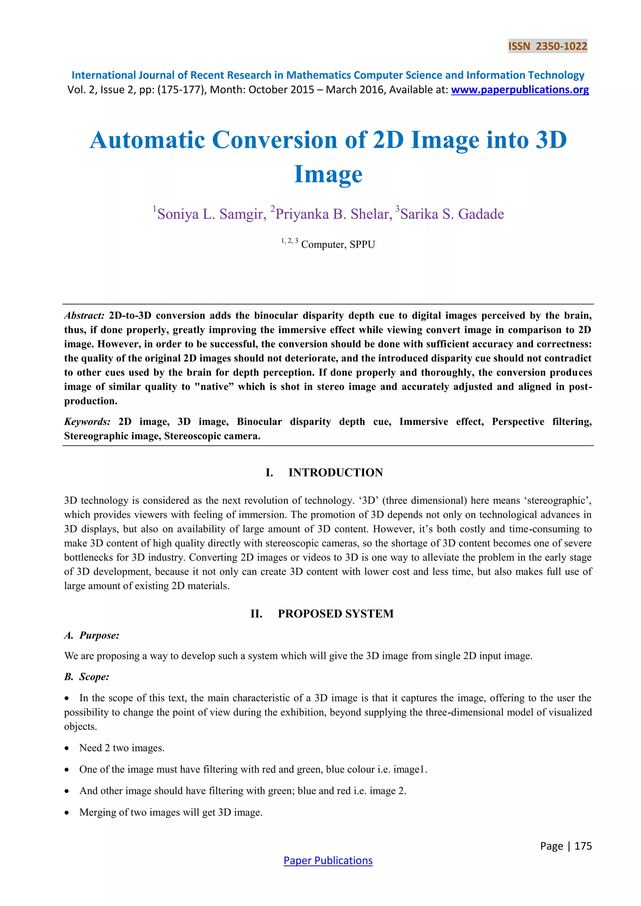 Automatic Conversion of 2D Image into 3D Image | PDF