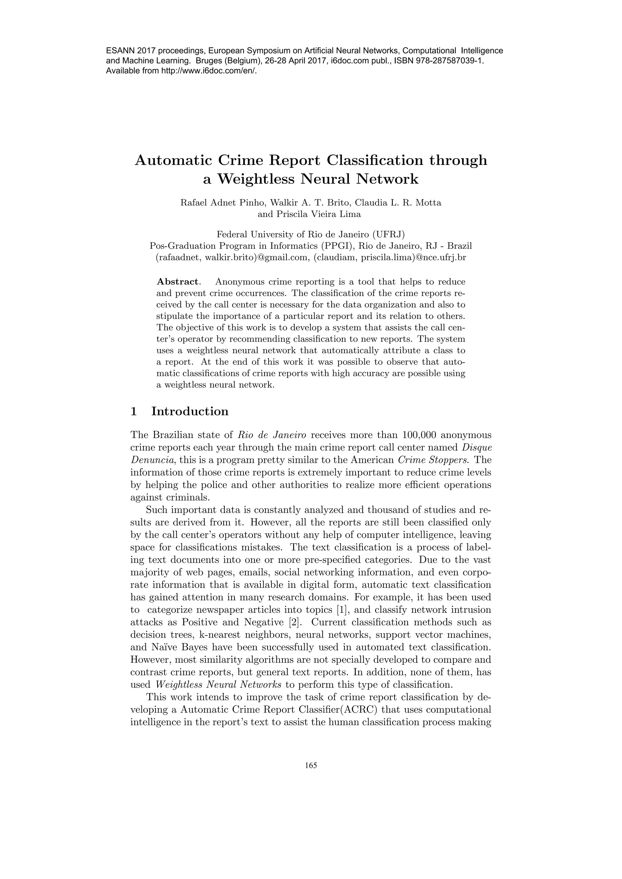 Automatic Crime Report Classification Through A Weightless Neural