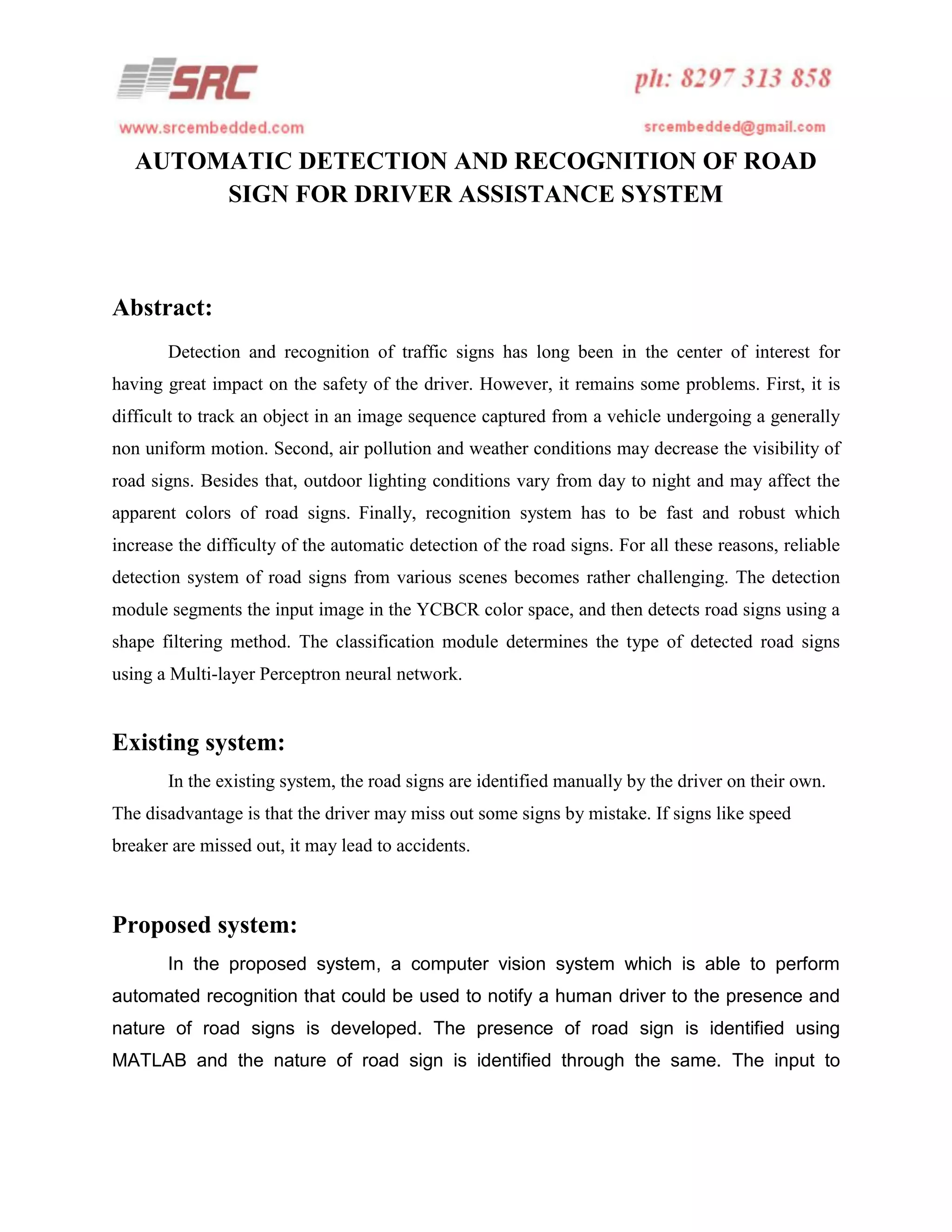 Automatic Detection And Recognition Of Road Sign For Driver Assistance System Pdf