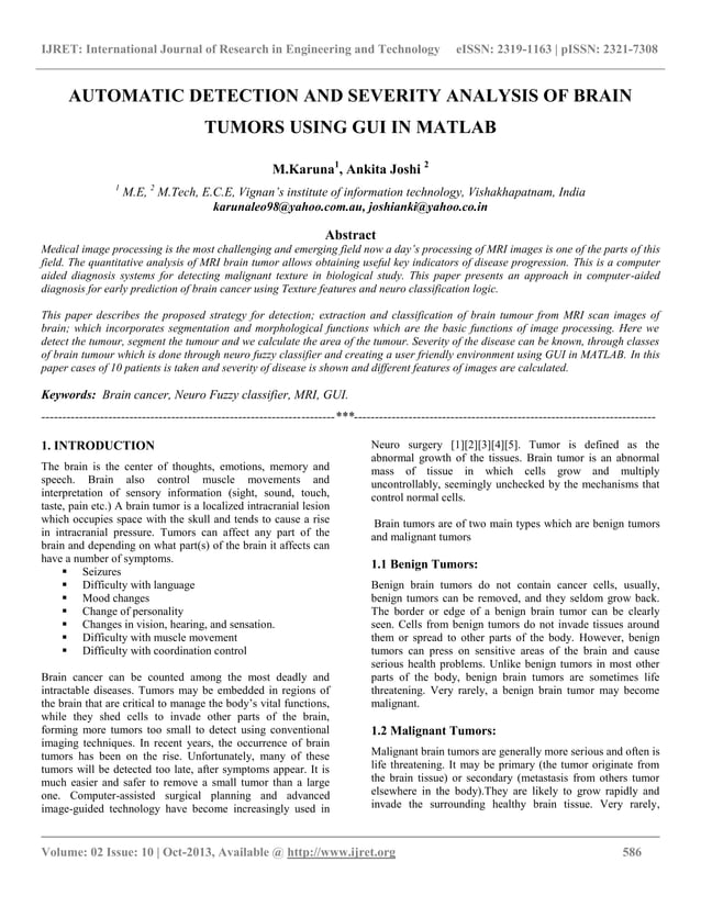 Automatic detection and severity analysis of brain tumors using gui in matlab | PDF