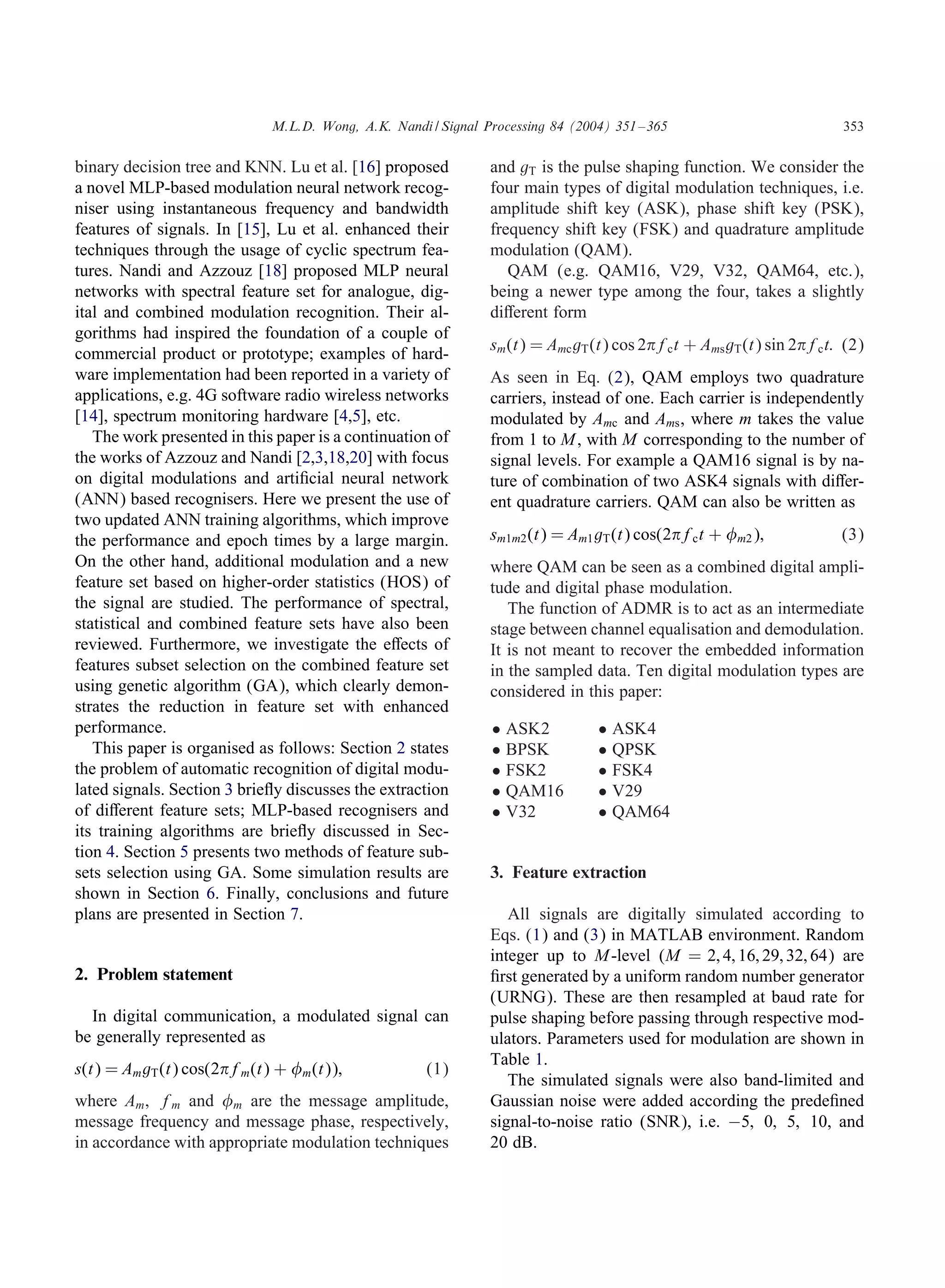 Automatic digital modulation recognition using articial | PDF