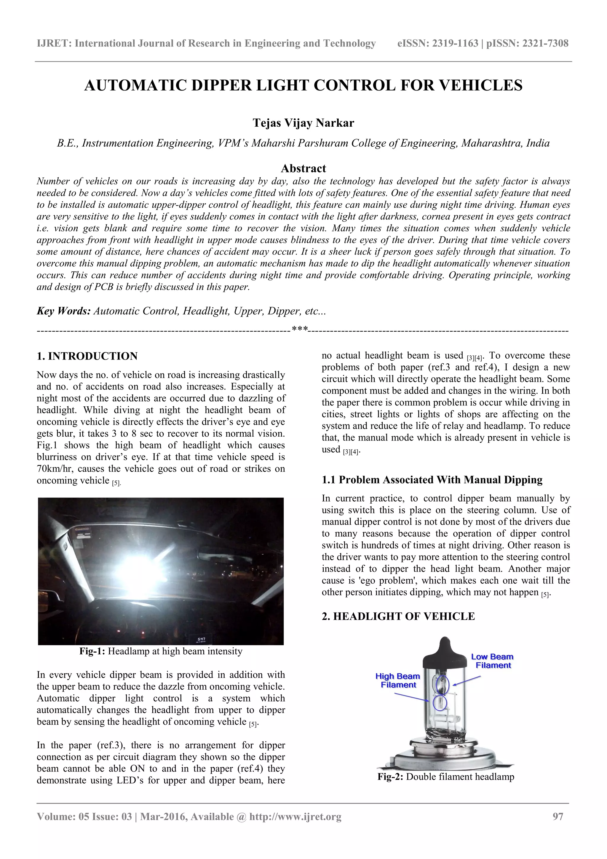 Automatic dipper light control for vehicles | PDF