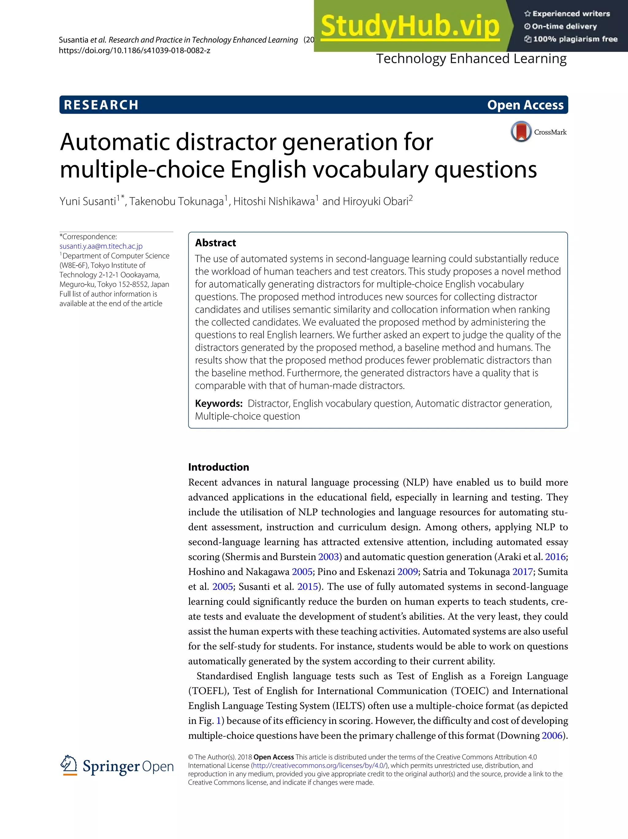 Automatic Distractor Generation For Multiple Choice English Vocabulary Questions Pdf